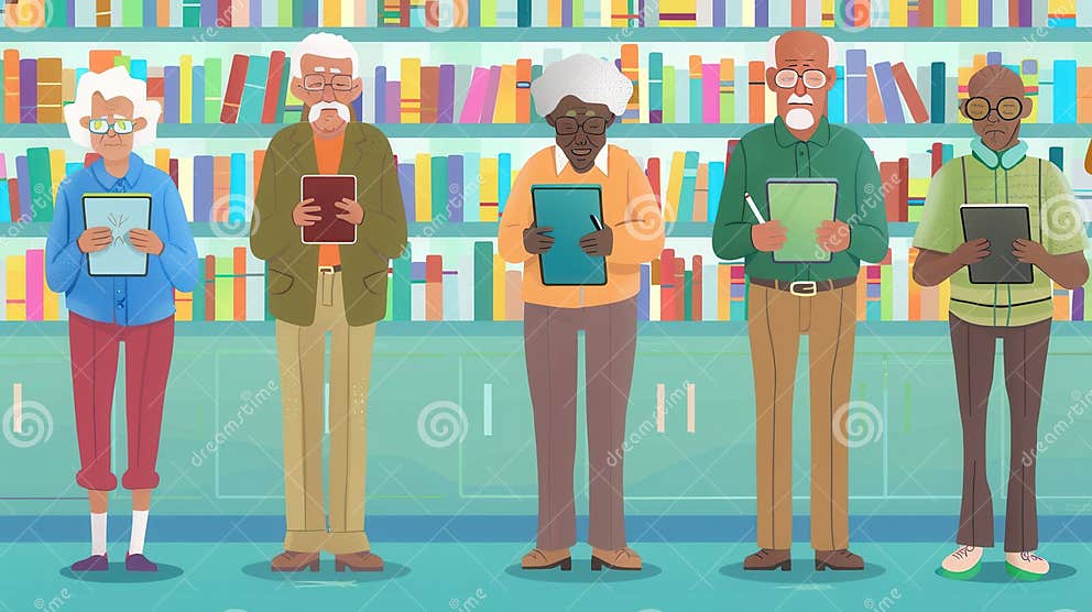 A Diverse Group of Elderly People Stands Together in a Library ...