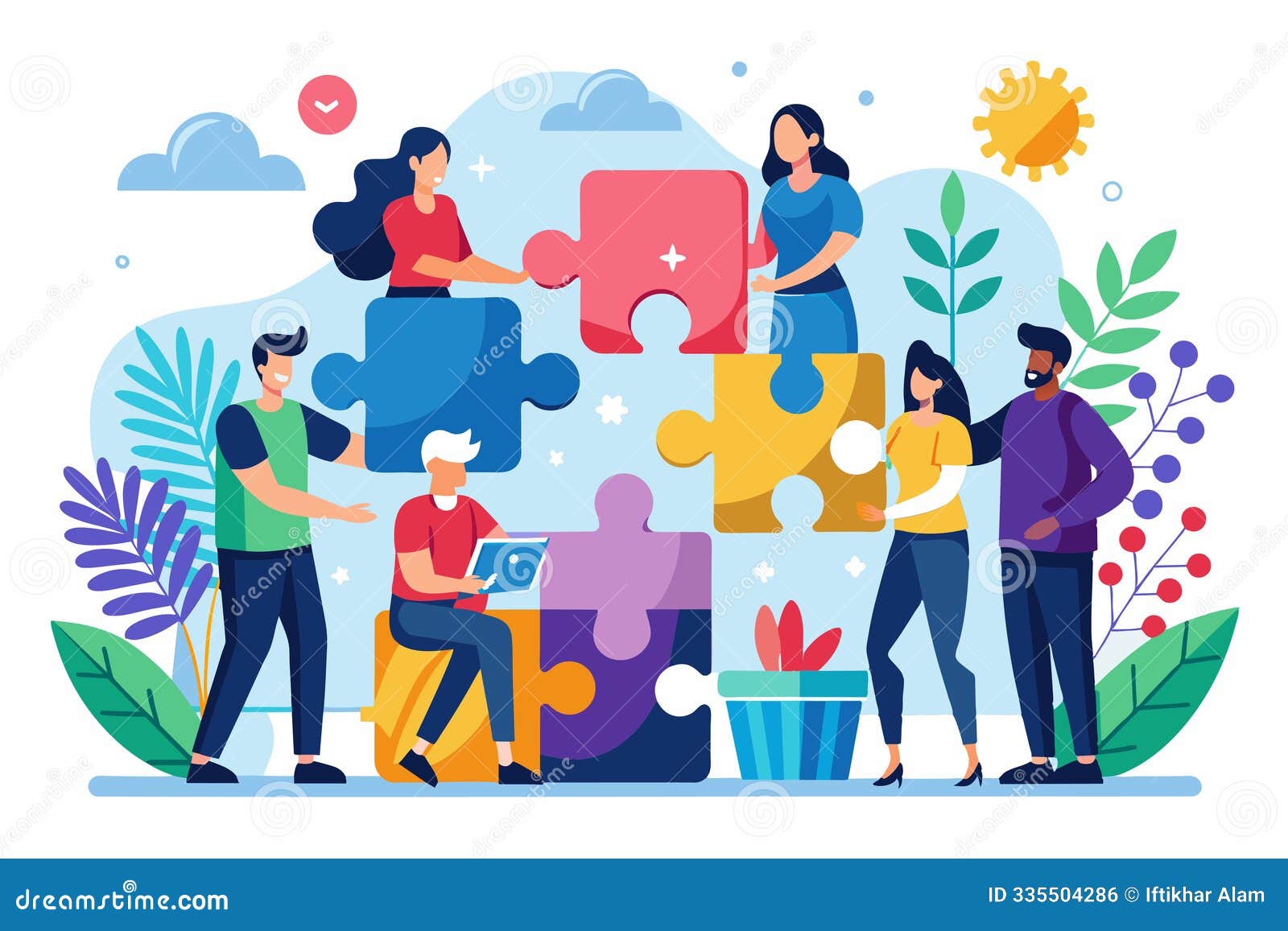 A Diverse Group Engages in Teamwork, Connecting Colorful Puzzle Pieces while Facilitating ...