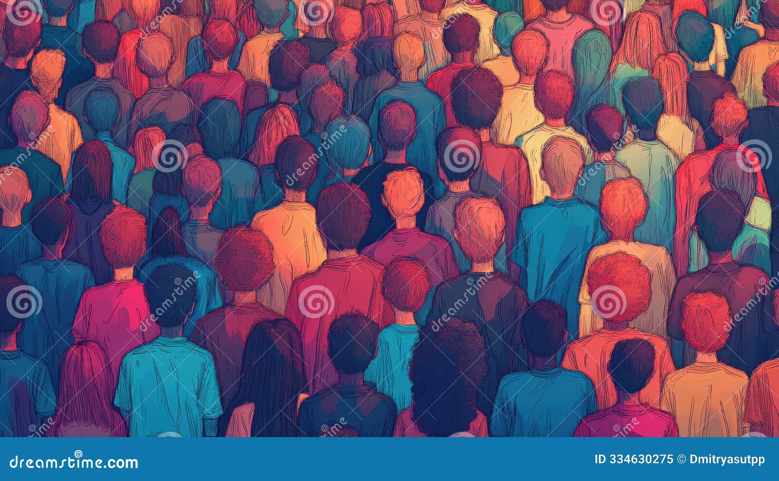 Diverse Group of People Gathered Facing Forward in Colorful Crowd ...