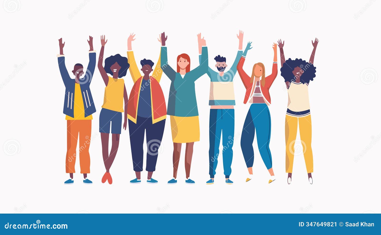 Diverse Group of People Lift Hands in Colorful Unity Stock Illustration ...
