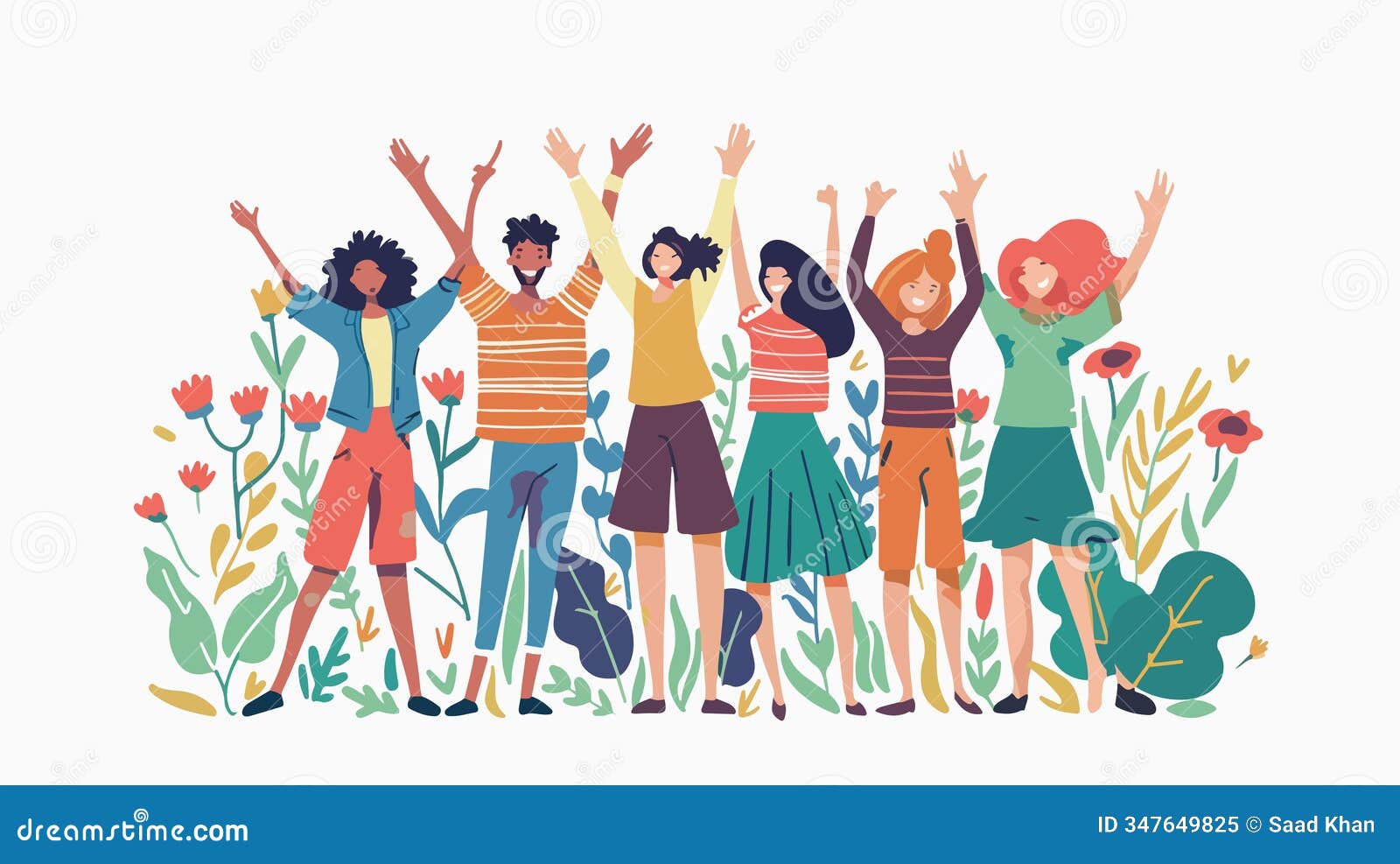 Diverse Group of People Lift Hands in Colorful Unity Stock Illustration ...