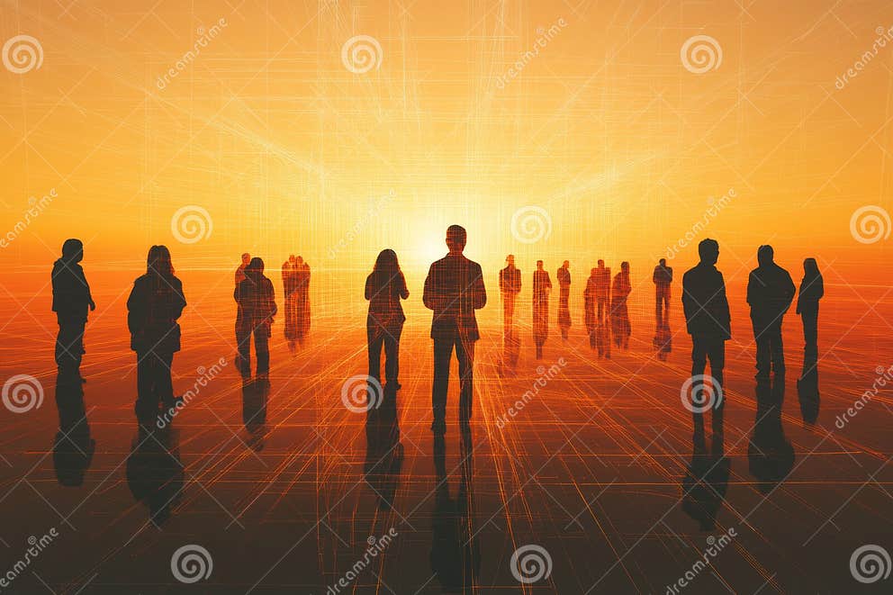 A Diverse Group of People Observes an Abstract AI System at Sunset ...