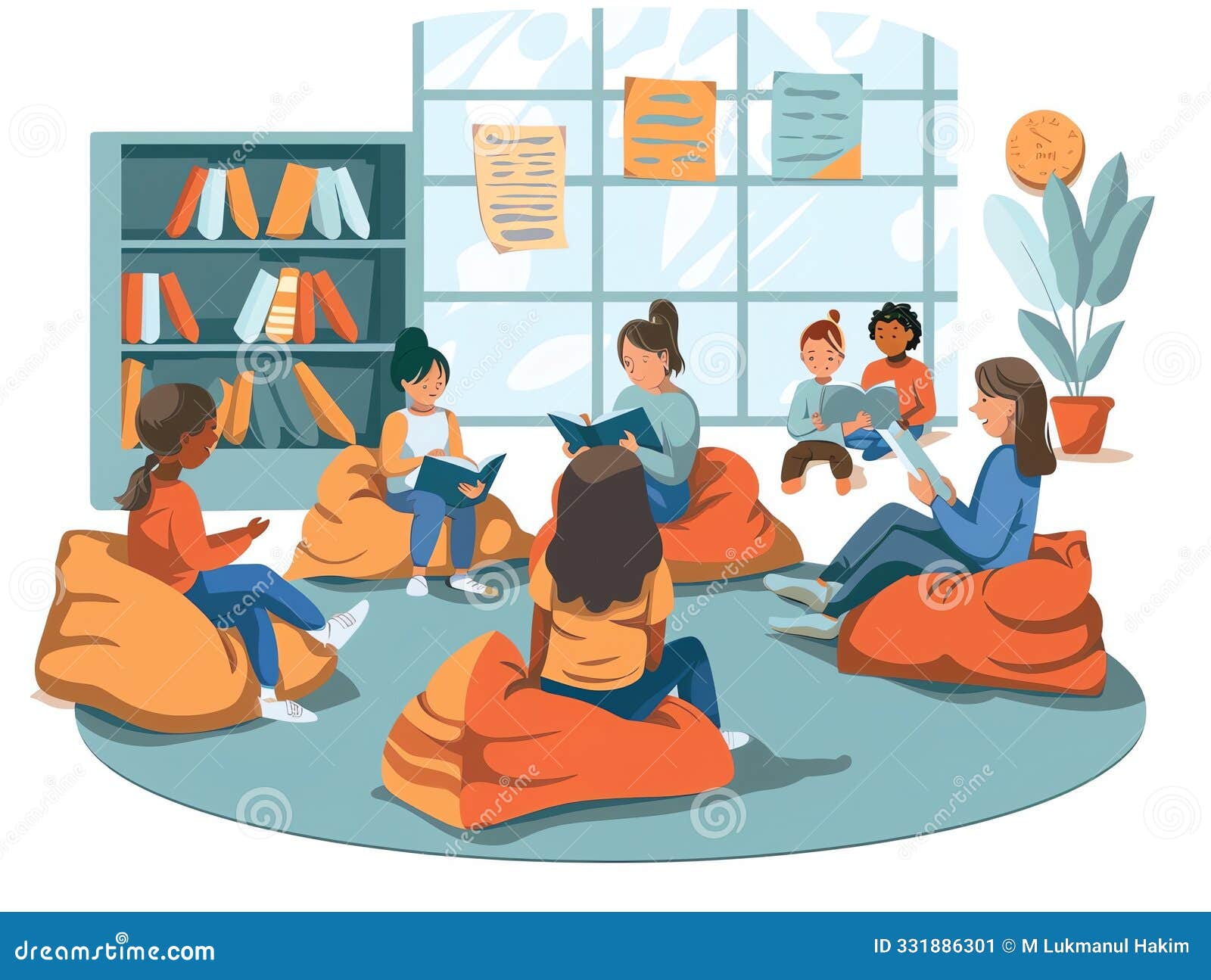 Diverse Group of People Relaxing and Reading Books on Bean Bags in a ...