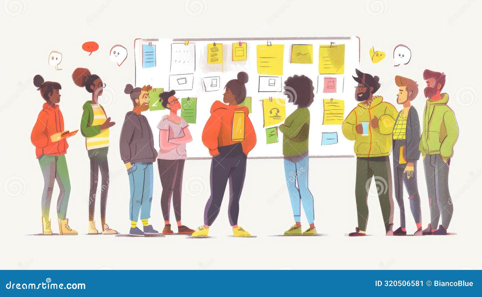 Diverse Group of People Standing Around a Board with Sticky Notes on it ...