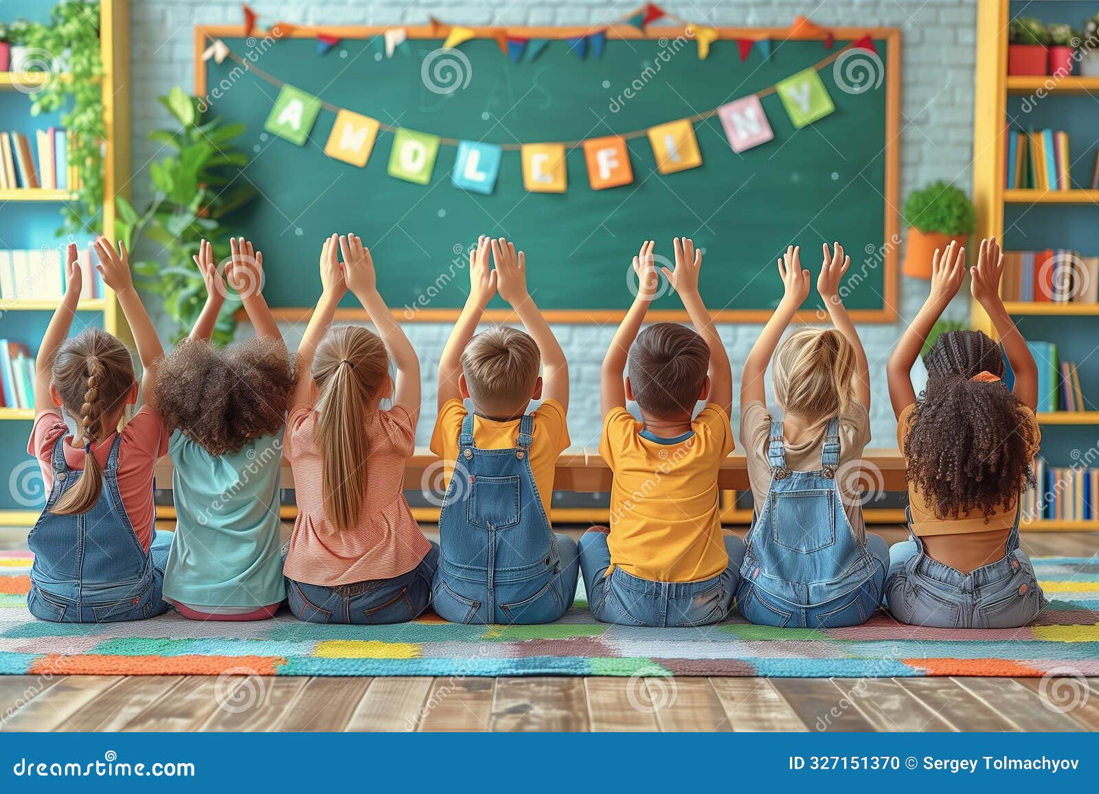 Diverse Group of Children Raise Their Hands in Classroom Setting Stock ...