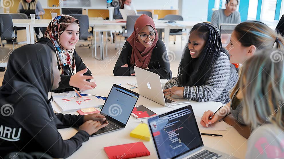 Diverse Group of Students Collaborating and Learning in a Modern ...