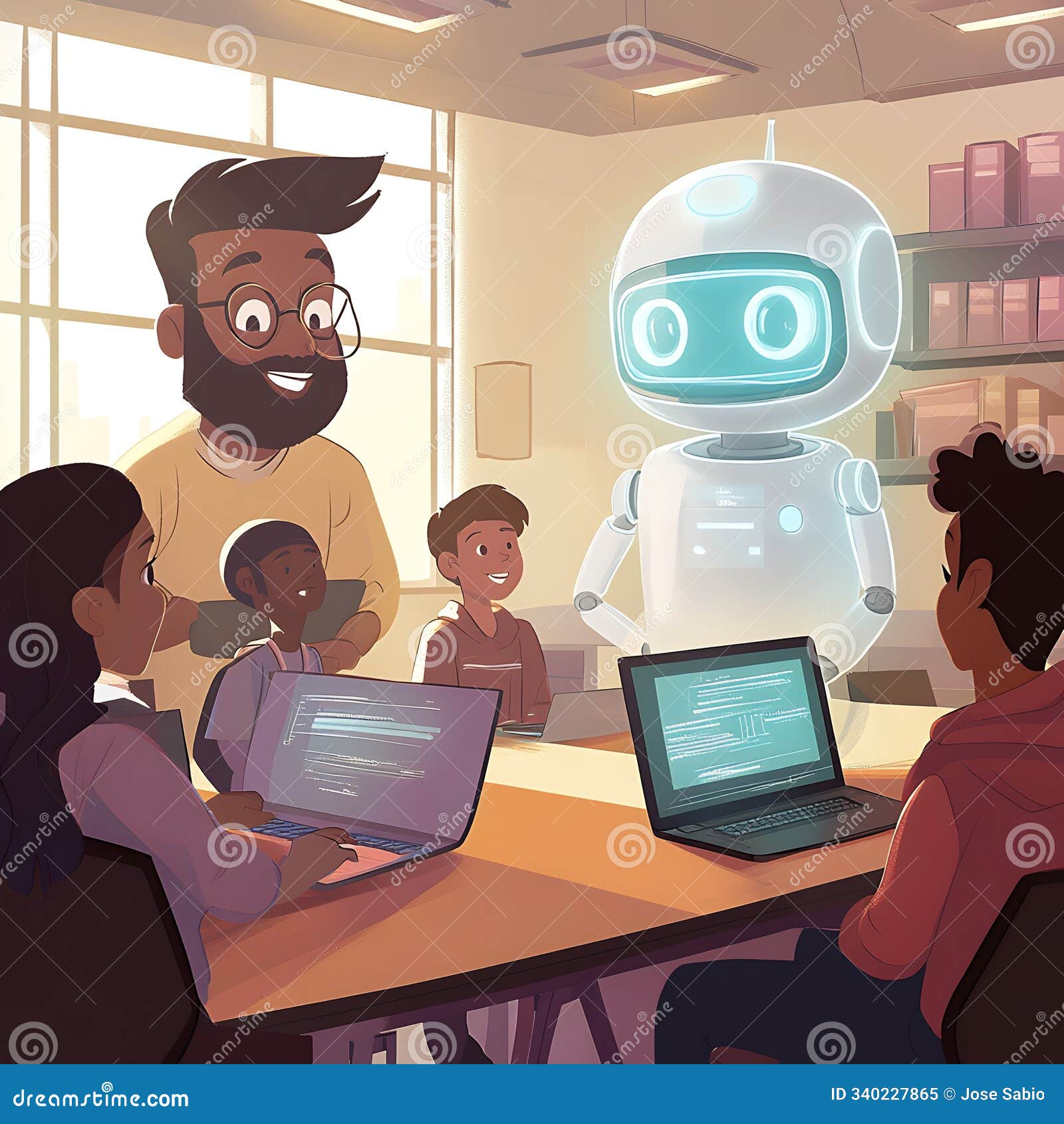Diverse Group of Students and a Friendly Chatbot Acting As a Virtual ...