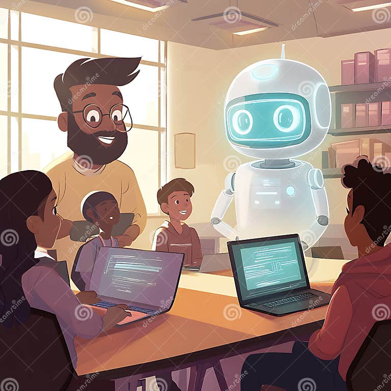 Diverse Group of Students and a Friendly Chatbot Acting As a Virtual ...