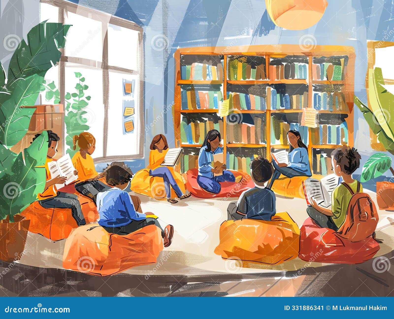 Diverse Group of Students Reading and Discussing in a Modern Library ...