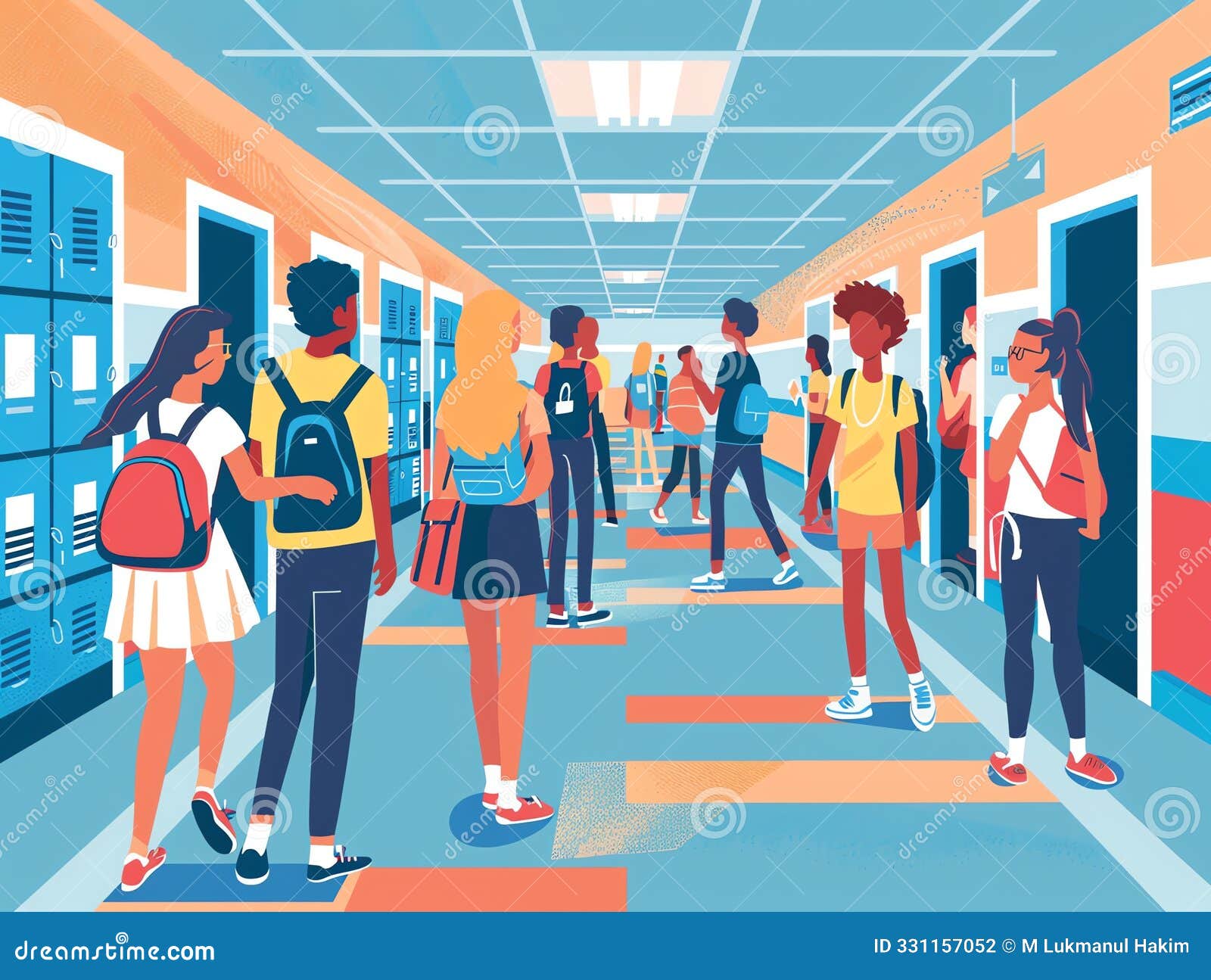 Diverse Group of Students Walking through School Hallway with Lockers ...