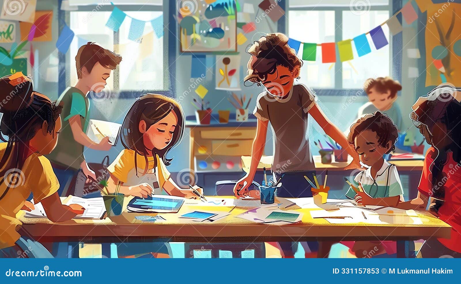 Diverse Group of Students Working on Art Projects in a Colorful ...