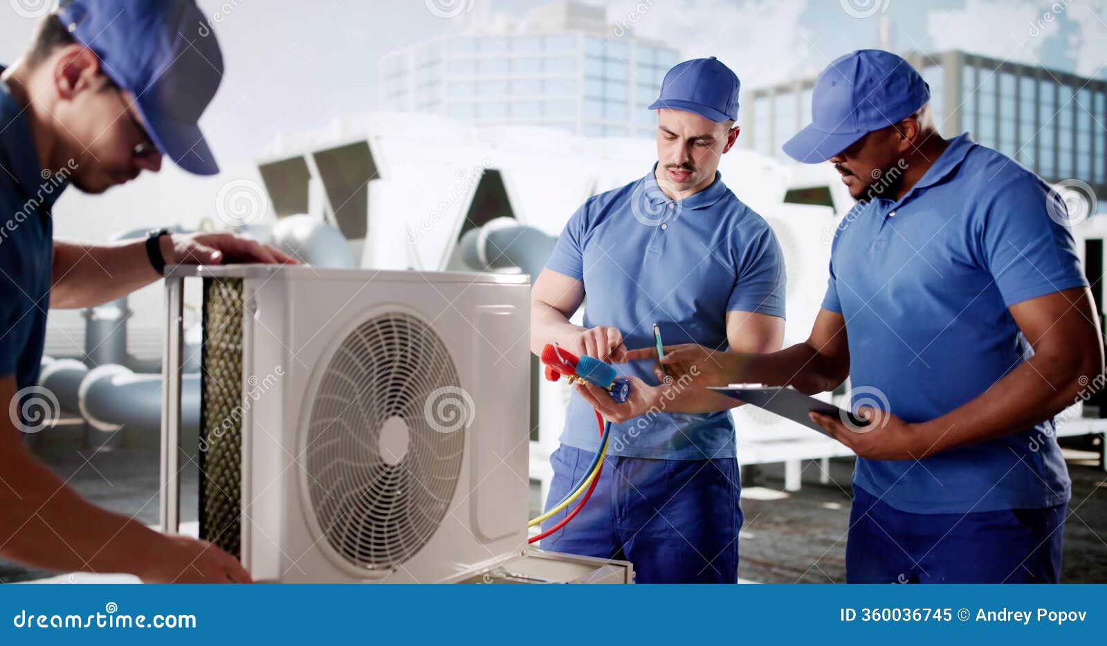 Diverse Group of Workers Install Air Conditioner Stock Image - Image of ...