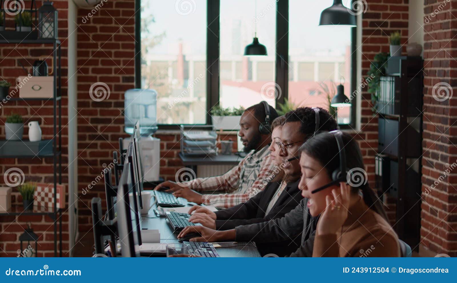 Diverse Group of Workers Talking To Clients at Customer Service Stock ...