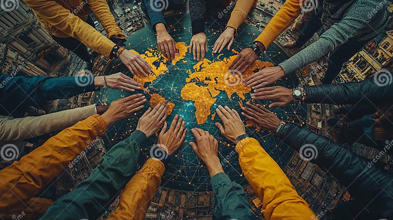 Diverse Hands Collaborating on World Map Concept Stock Illustration ...
