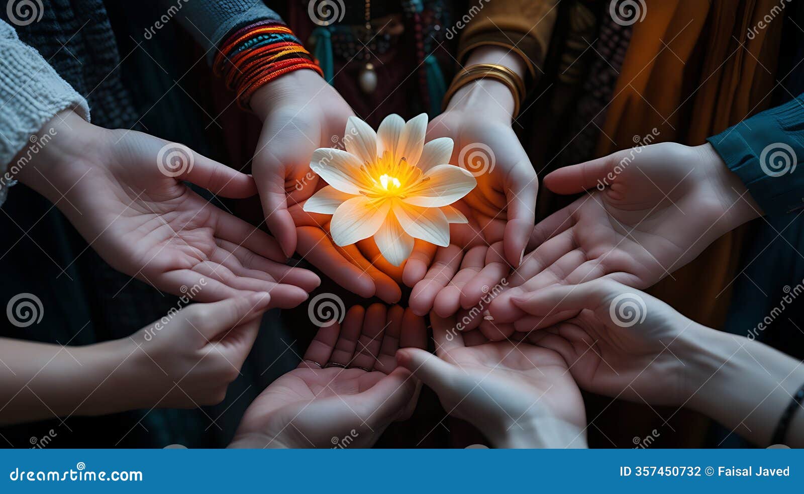 Diverse Hands Holding Glowing Flower, Symbolizing Unity among Women ...