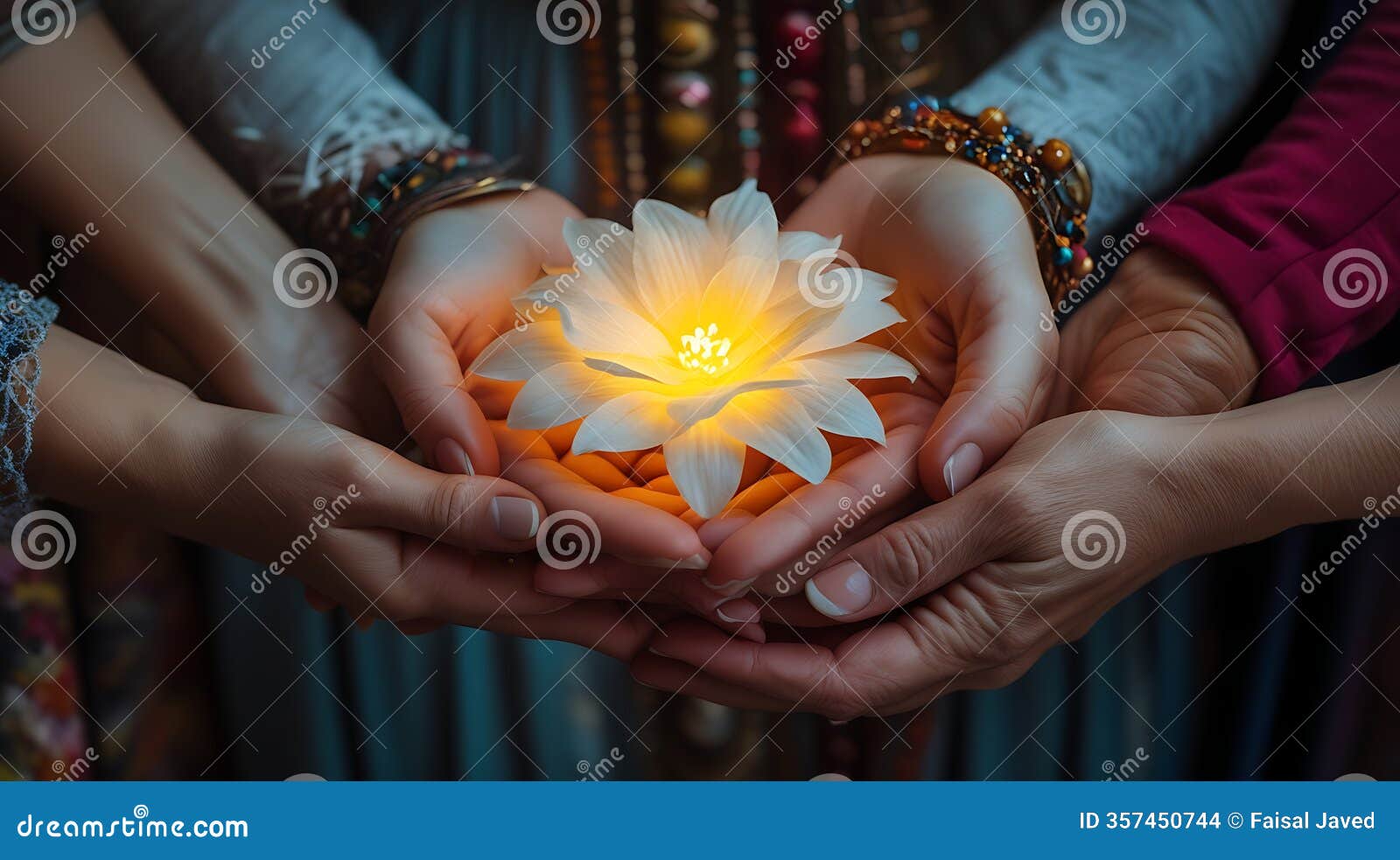 Diverse Hands Holding Glowing Flower, Symbolizing Unity among Women ...