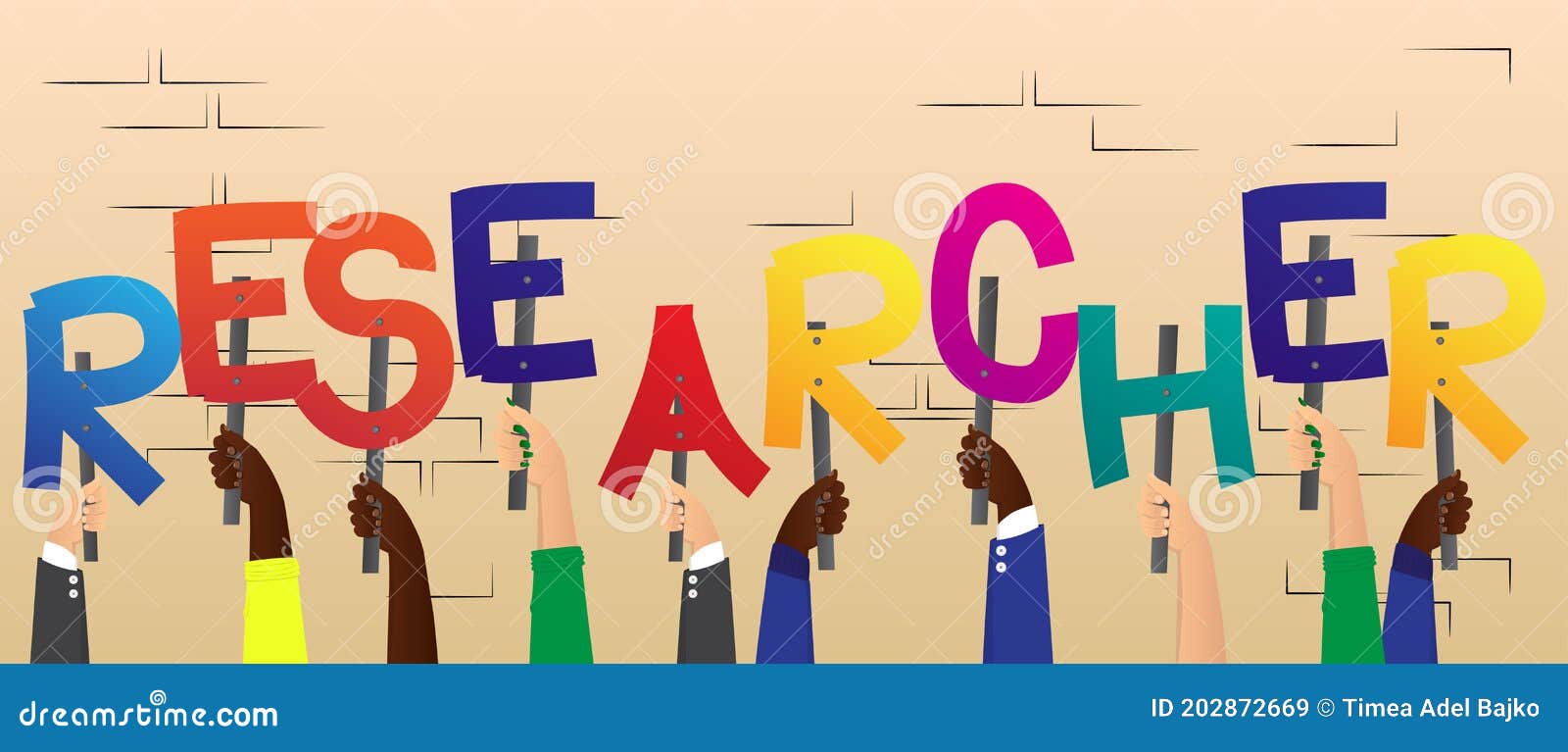 Diverse Hands Holding the Word Researcher. Stock Vector - Illustration ...