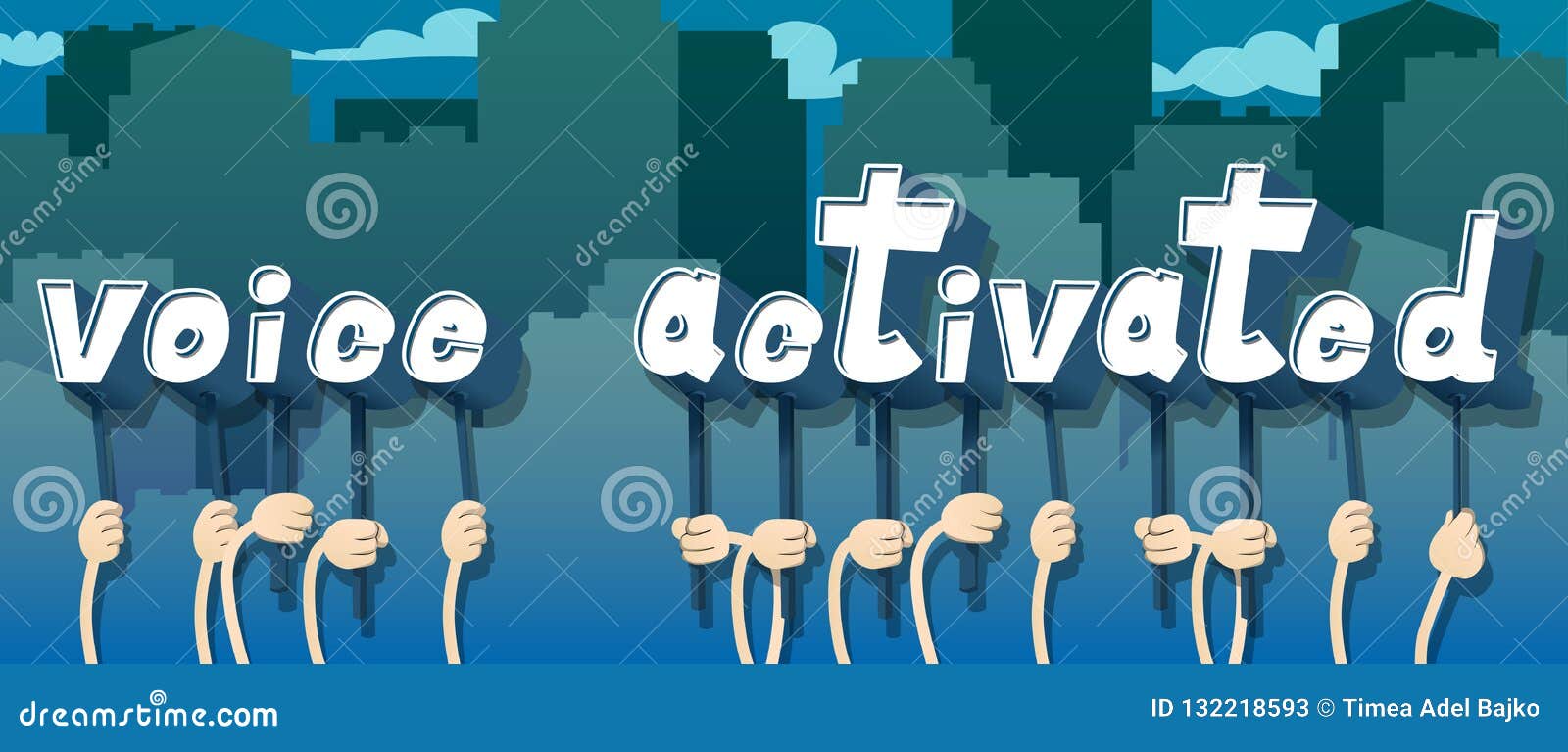 Diverse Hands Holding the Words Voice Activated. Vector Illustration ...