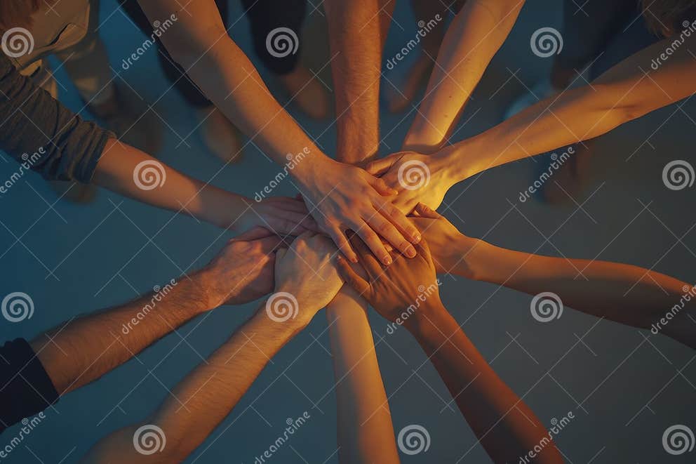 Diverse Hands Interlocked in a Circle, Demonstrating Unity and Teamwork ...
