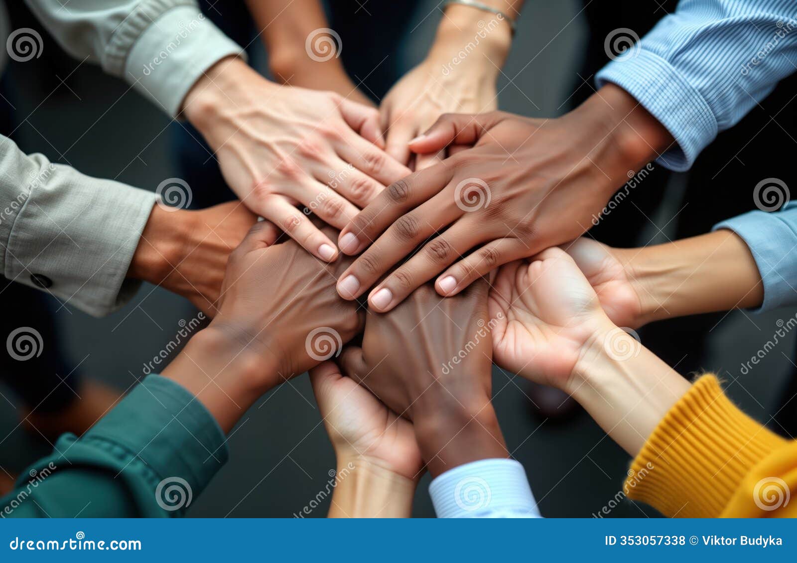 Diverse Hands Join in Circle. Multiethnic Group Unites for Common Goal ...