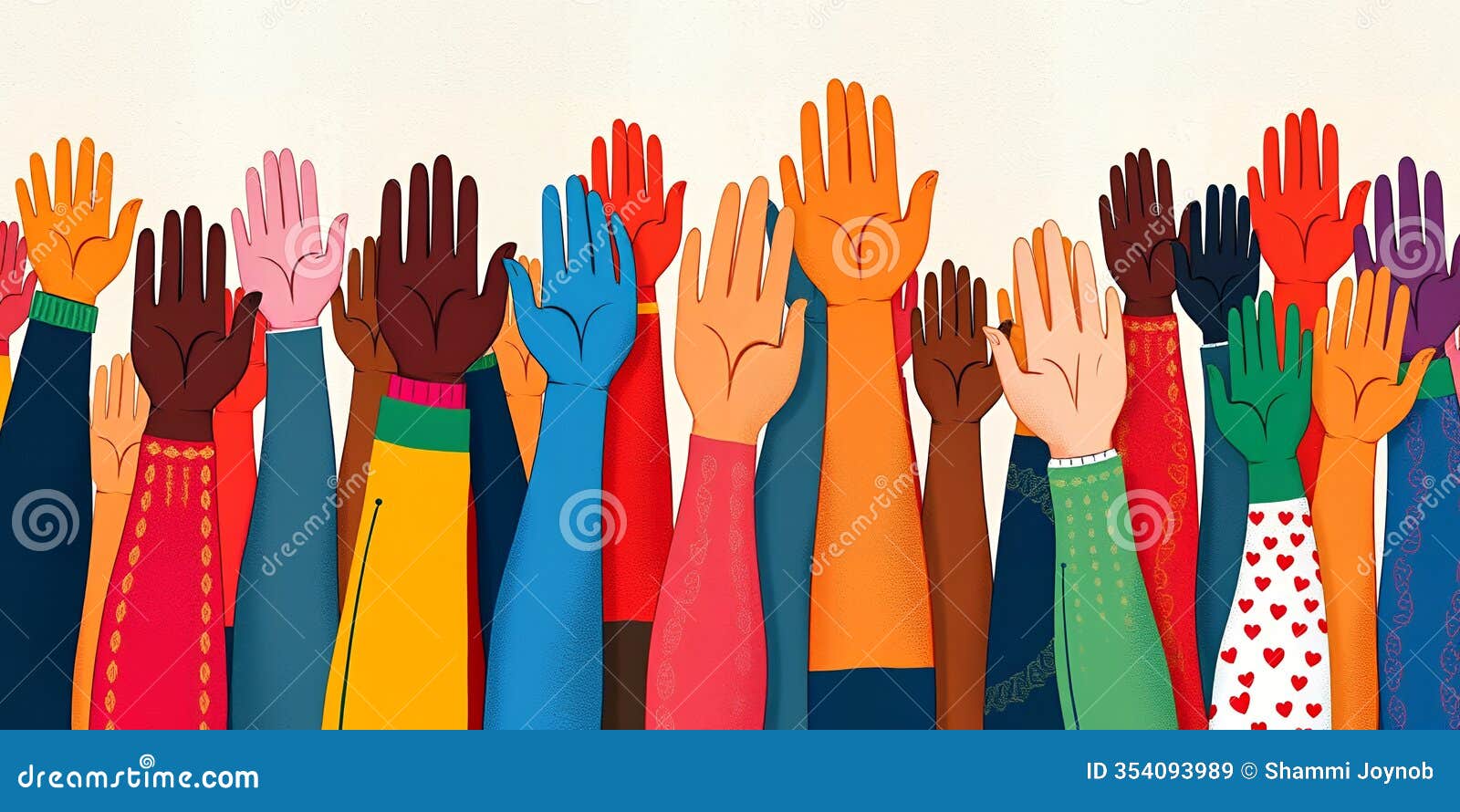 Diverse Hands Raised in Unity Multicultural Group Showing Participation ...
