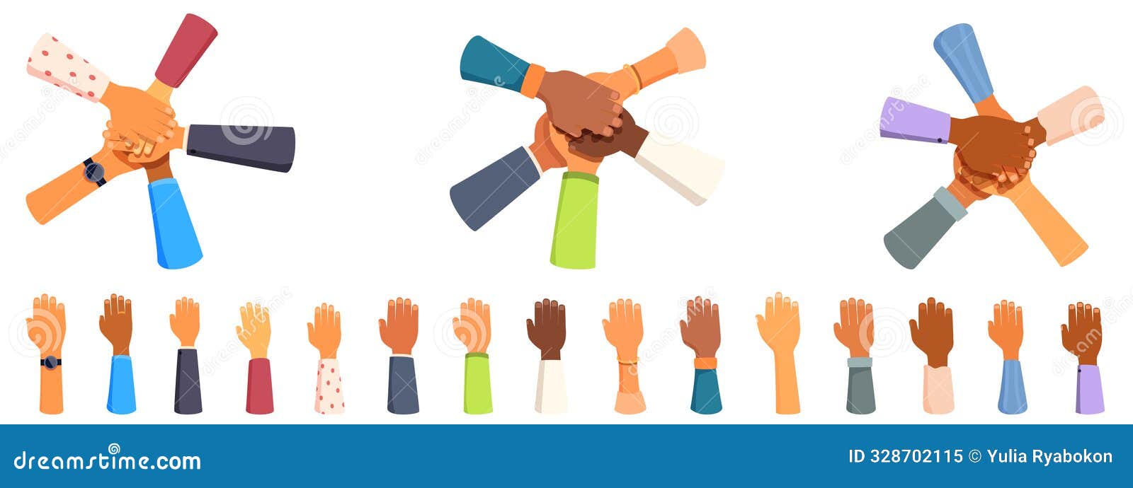 Diverse Hands Stack Icons Set. Diverse People Putting Hands Together ...