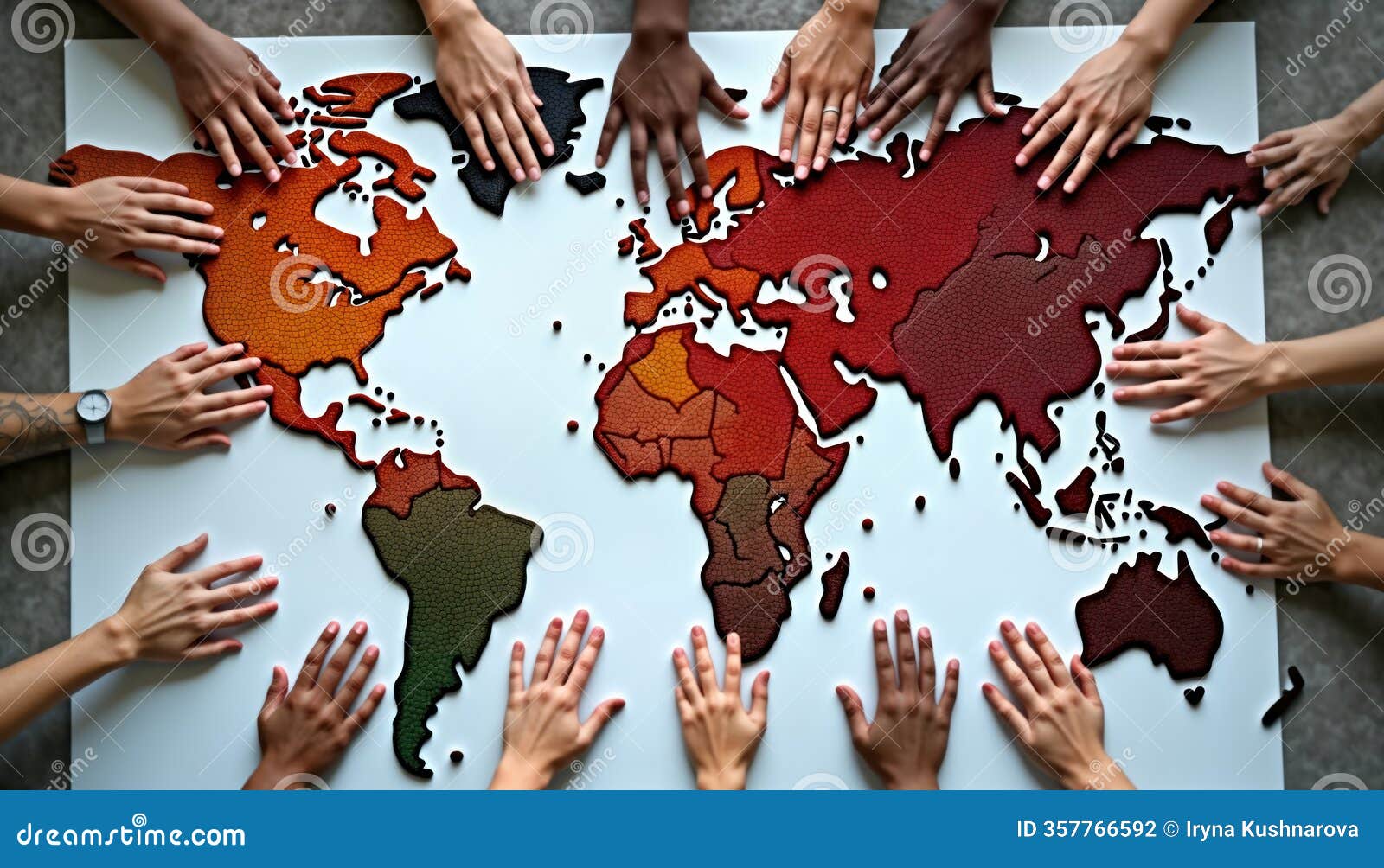 Diverse Hands Touch World Map. Global Collaboration Shown. Volunteers ...