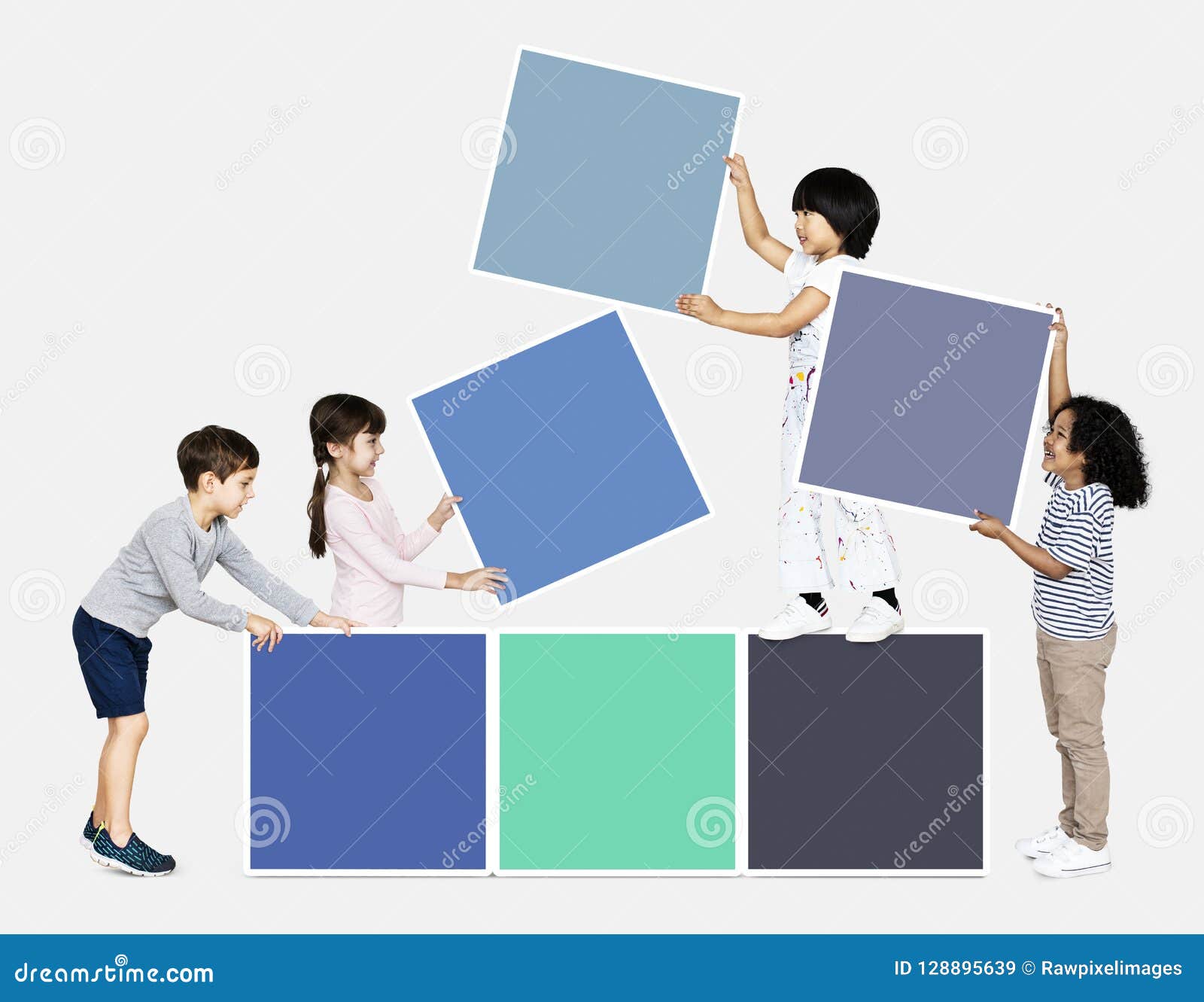 Diverse Happy Kids Stacking Empty Square Boards Stock Image - Image of ...