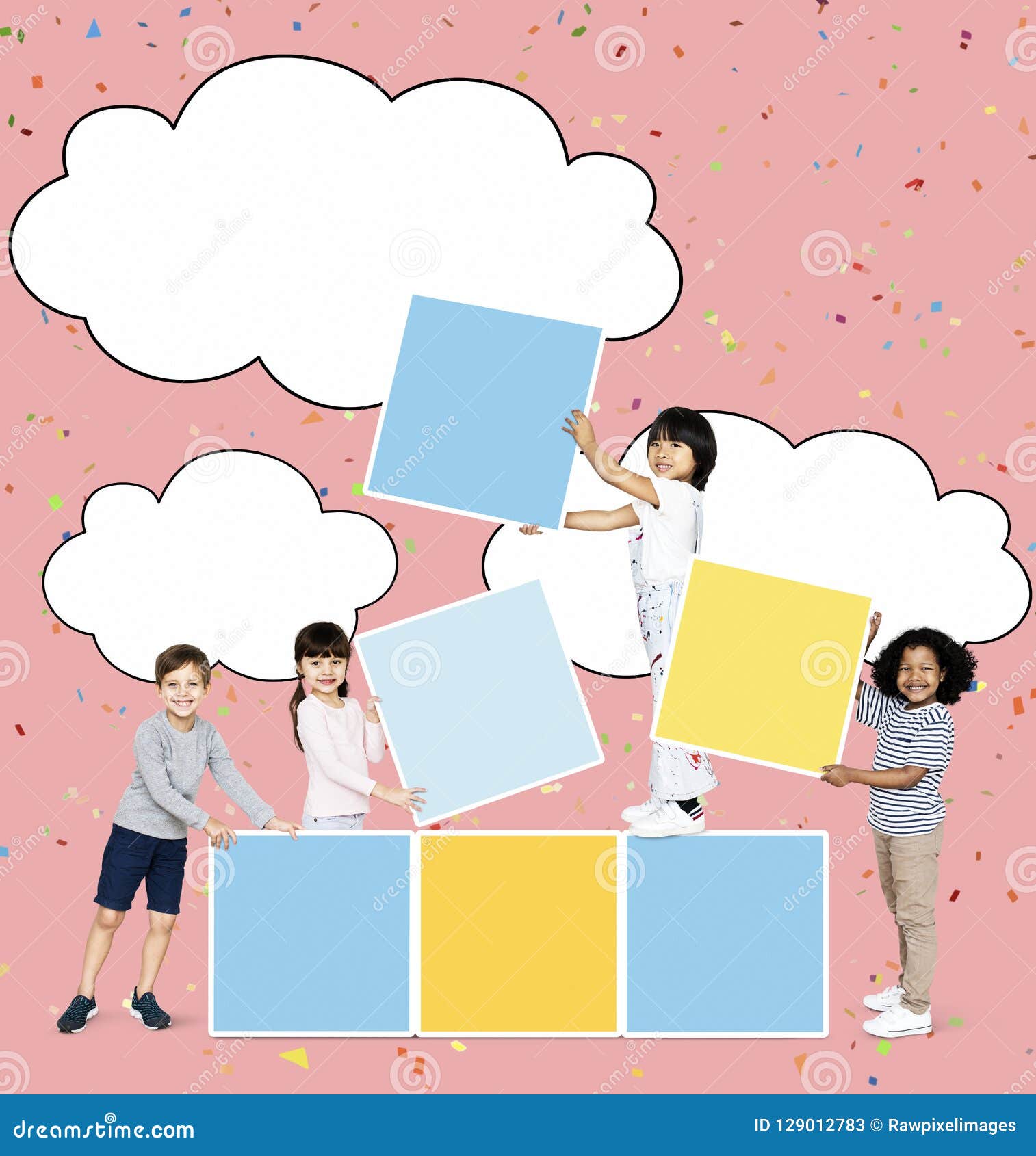 Diverse Happy Kids Stacking Empty Square Boards Stock Image - Image of ...
