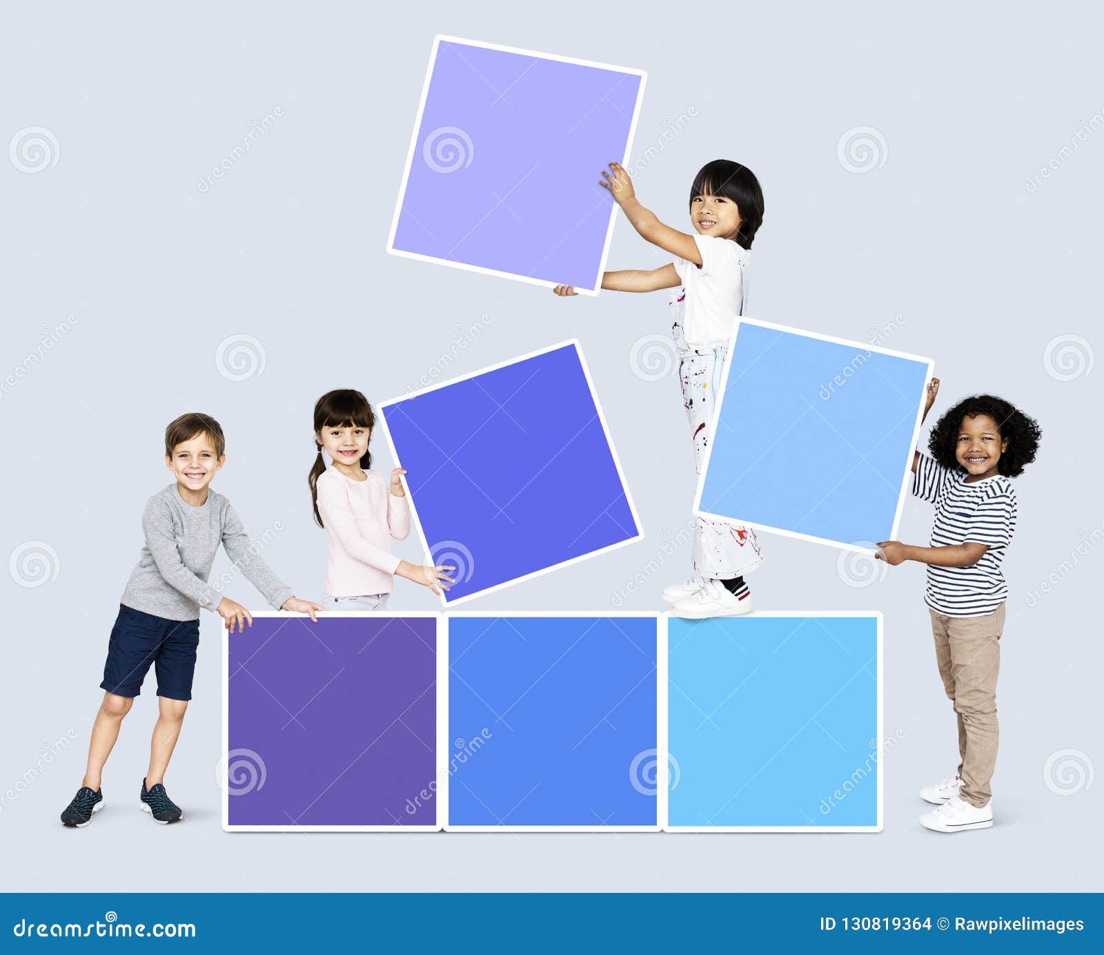 Diverse Happy Kids Stacking Empty Square Boards Stock Photography ...