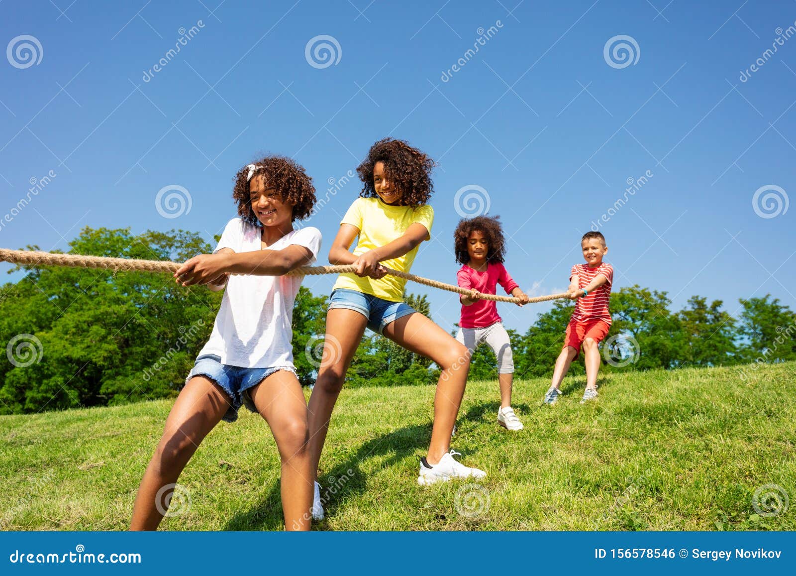 Diverse Kids Pull Rope - Competitive Fun Park Game Stock Photo - Image ...