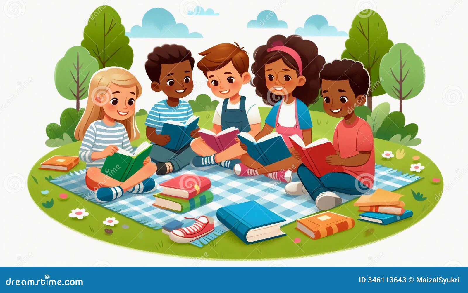 Diverse Kids Reading Books in the Park, Teamwork, Sharing, and Learning ...