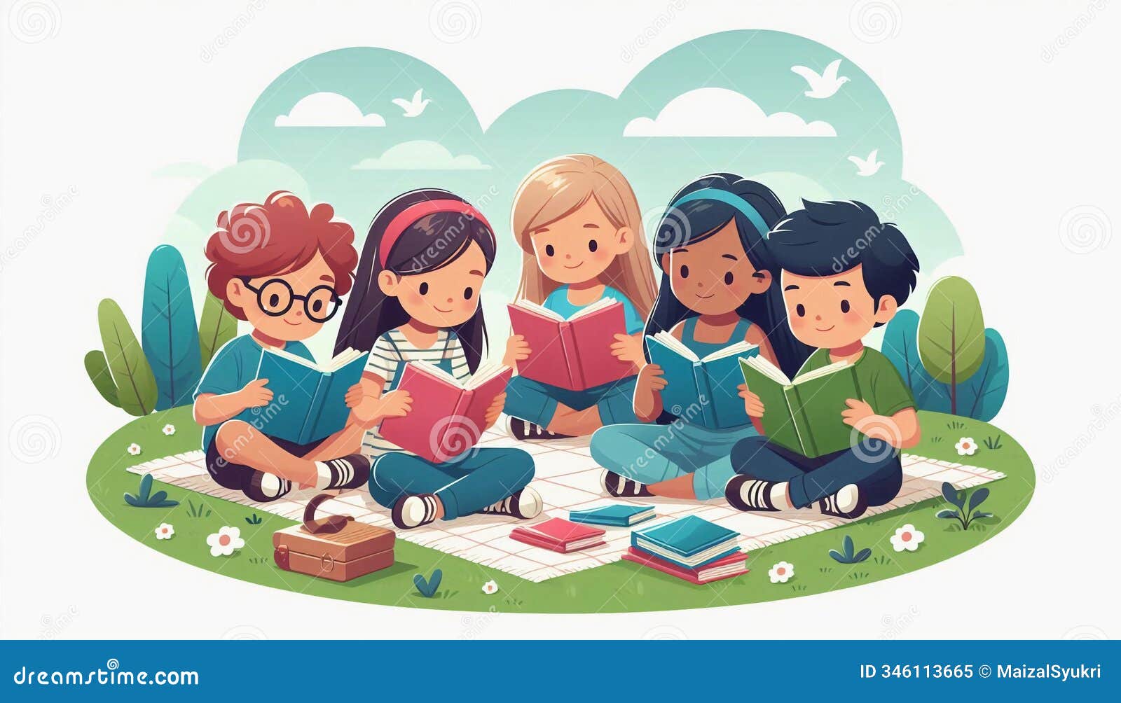 Diverse Kids Reading Books in the Park, Teamwork, Sharing, and Learning ...