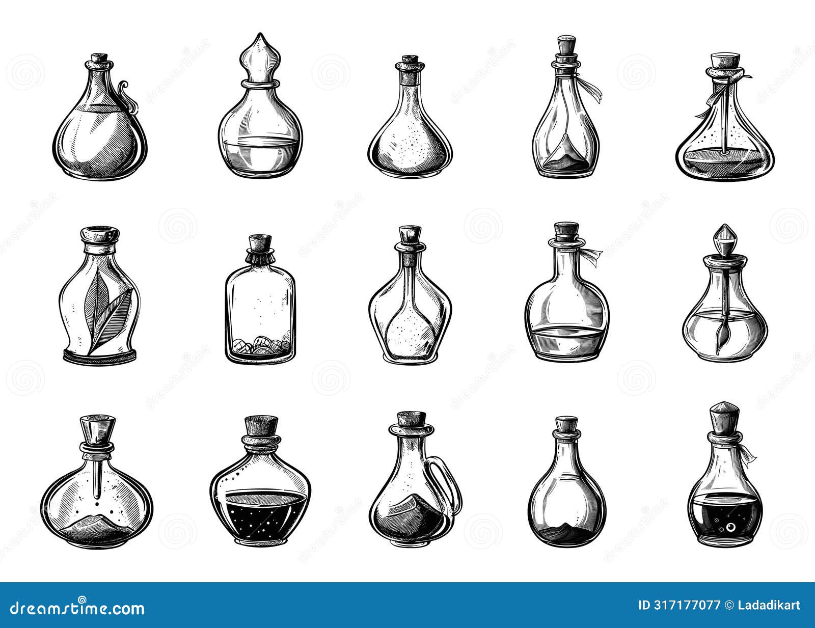 Diverse Magic Potion Bottles Etching. Vessel Jars and Bulbs Simple ...