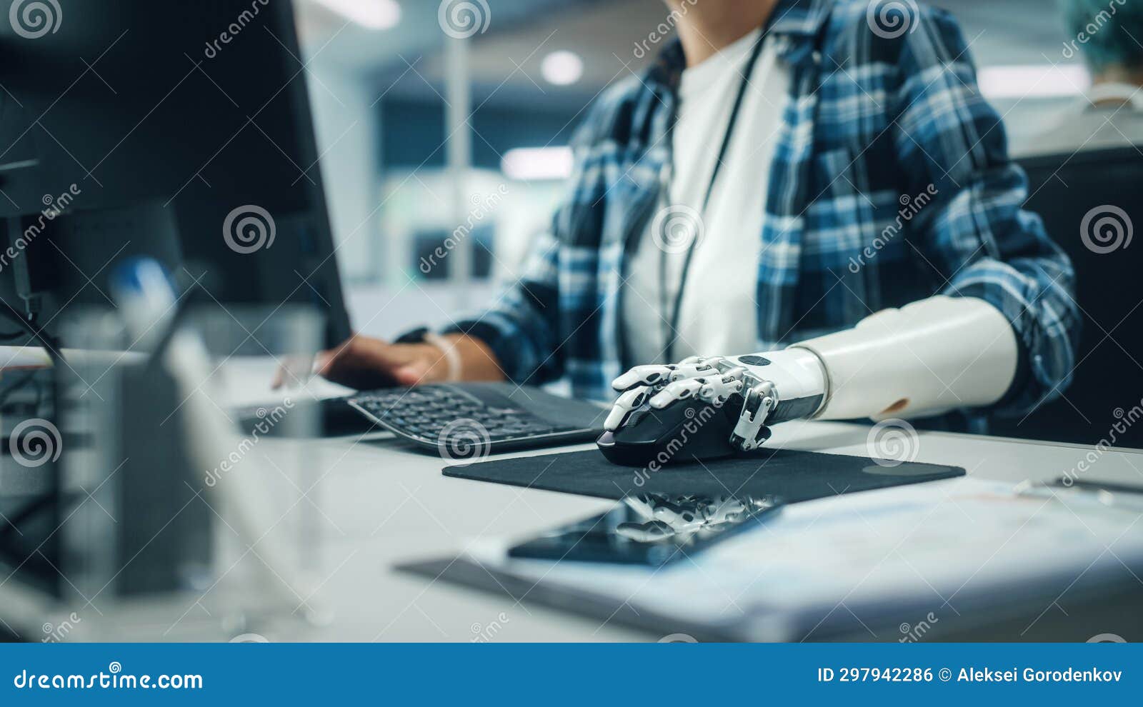 Diverse Office: Person with Disability Using Prosthetic Arm To Work on ...