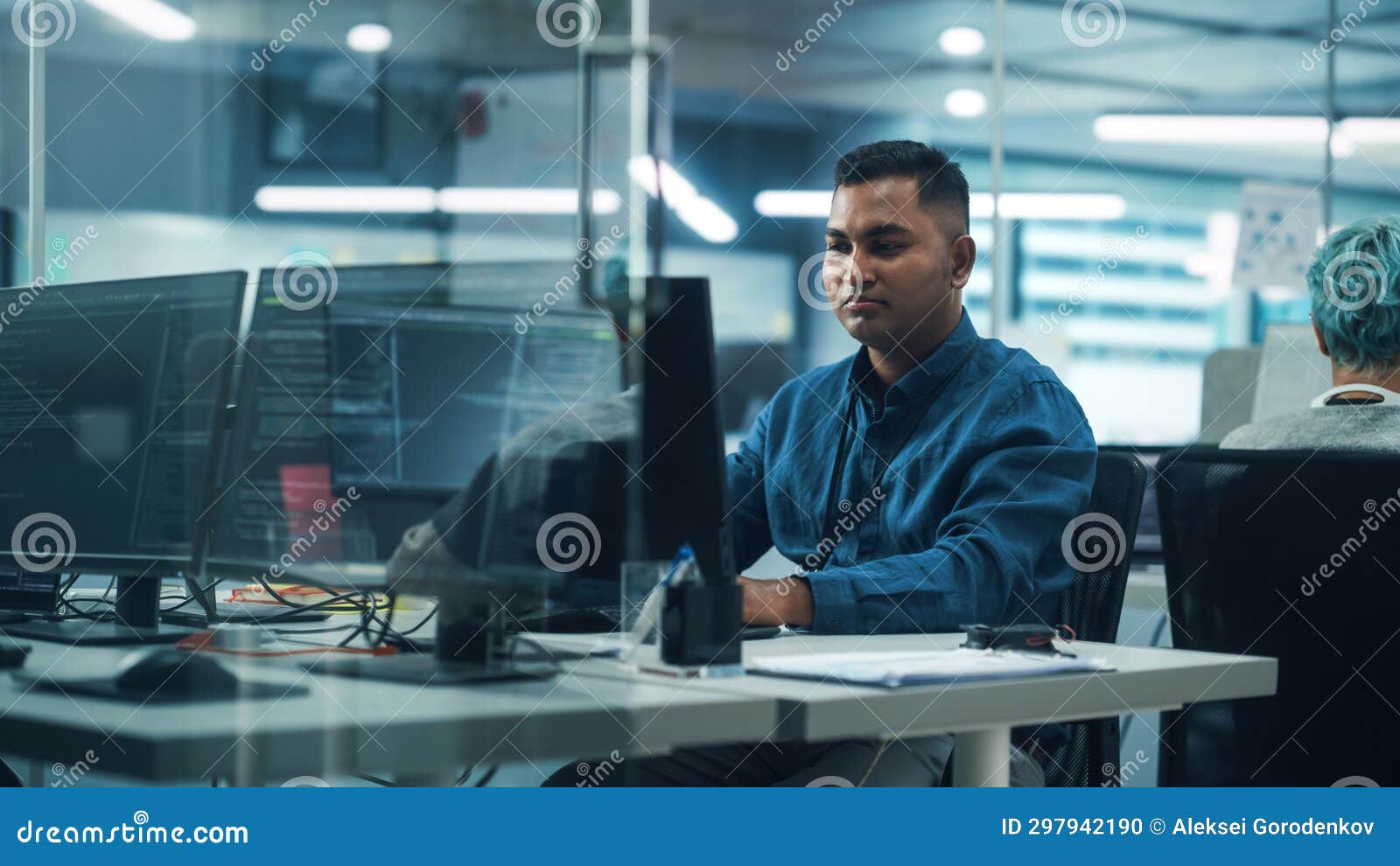 In Diverse Office: Portrait of Handsome Indian Man Working on Desktop ...