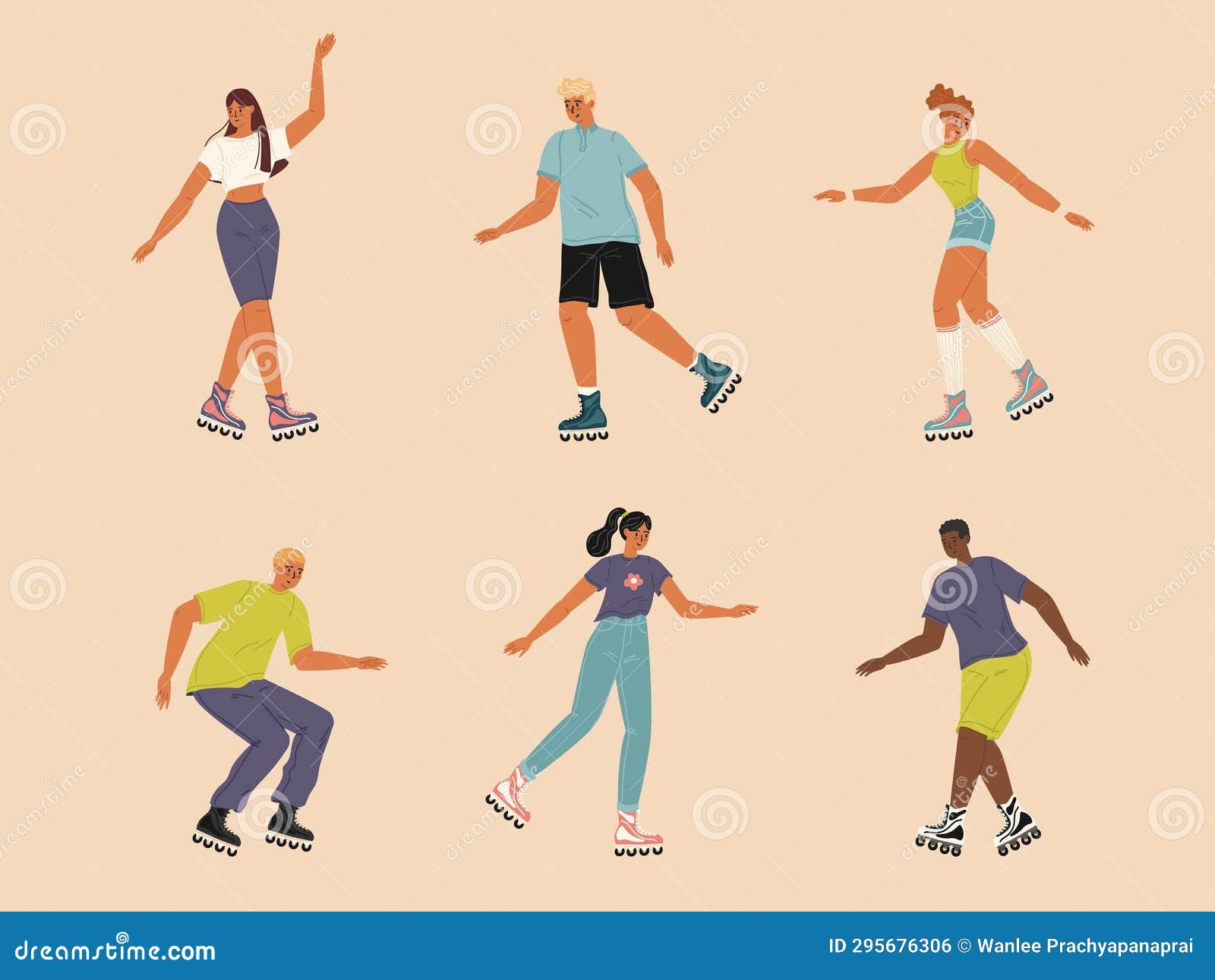 Diverse People Characters Roller Skating Feeling Happy Isolated Set ...