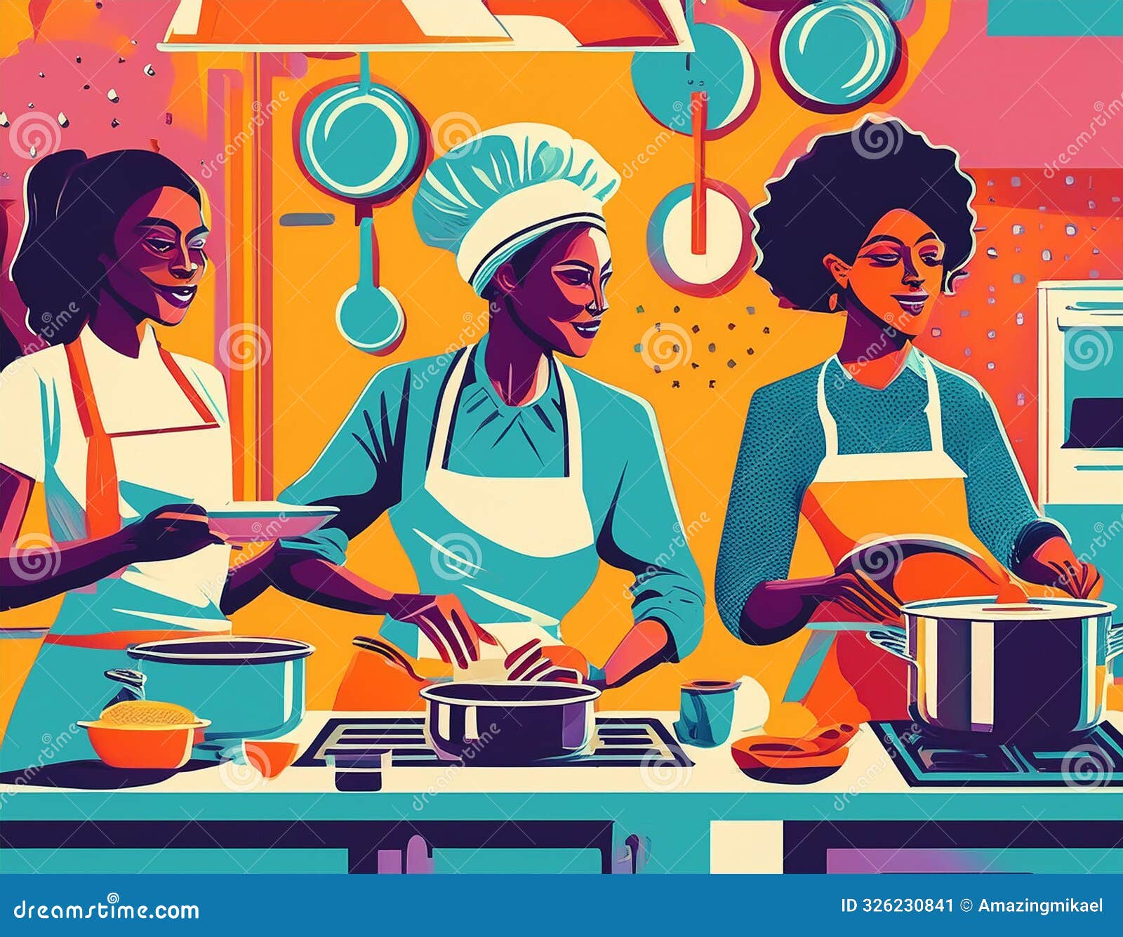 Diverse People Cooking in 1960s Retro Kitchen Pop Art Style Stock Image ...