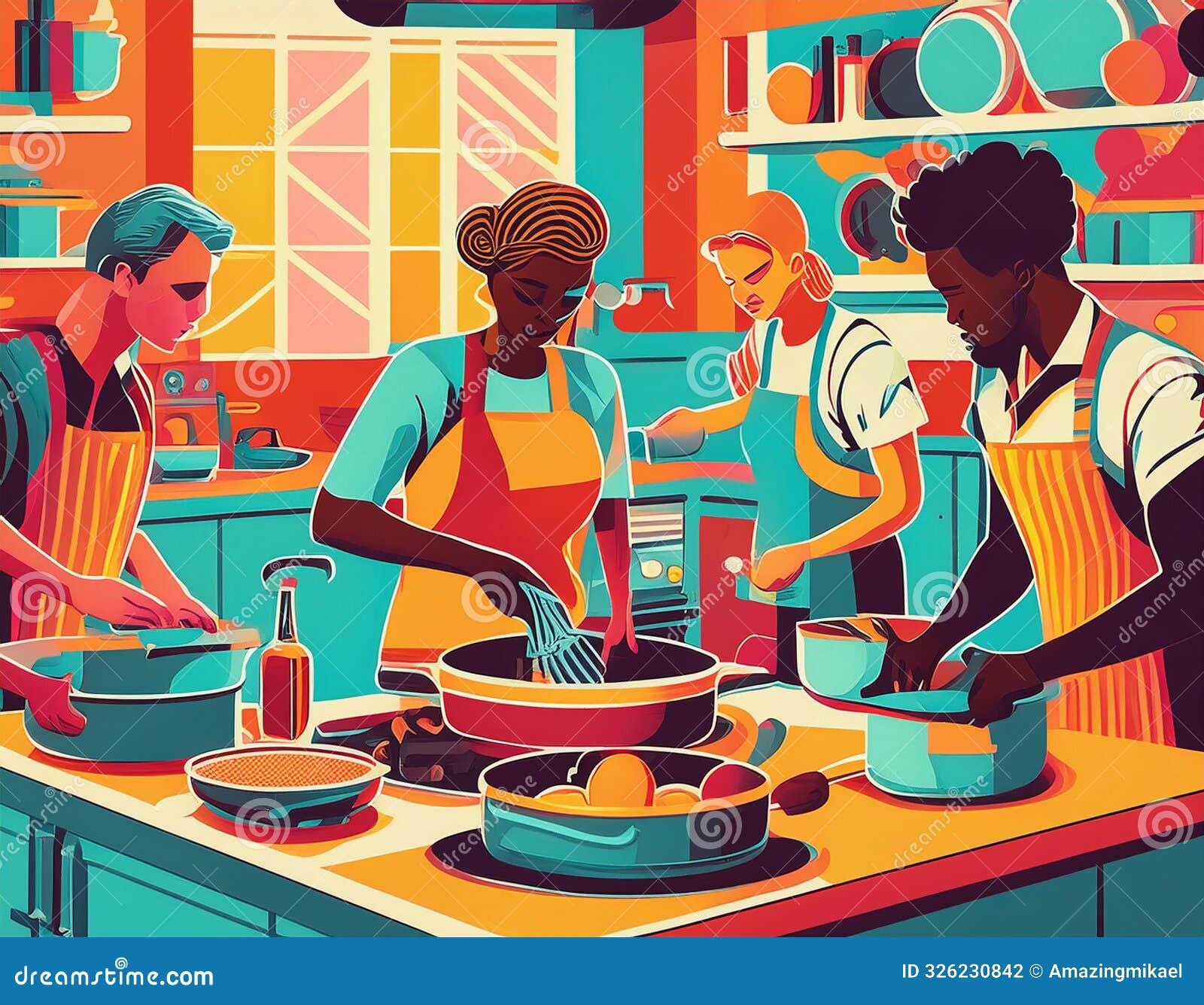 Diverse People Cooking in 1960s Retro Kitchen Pop Art Style Stock ...