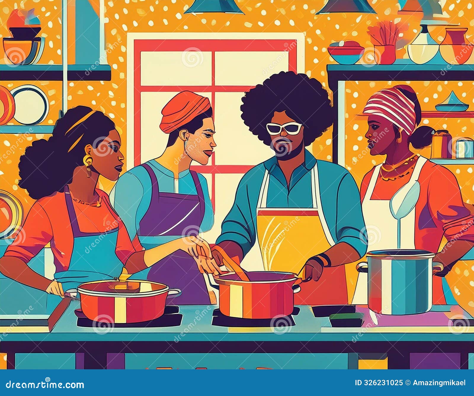 Diverse People Cooking in 1960s Retro Kitchen Pop Art Style Stock ...