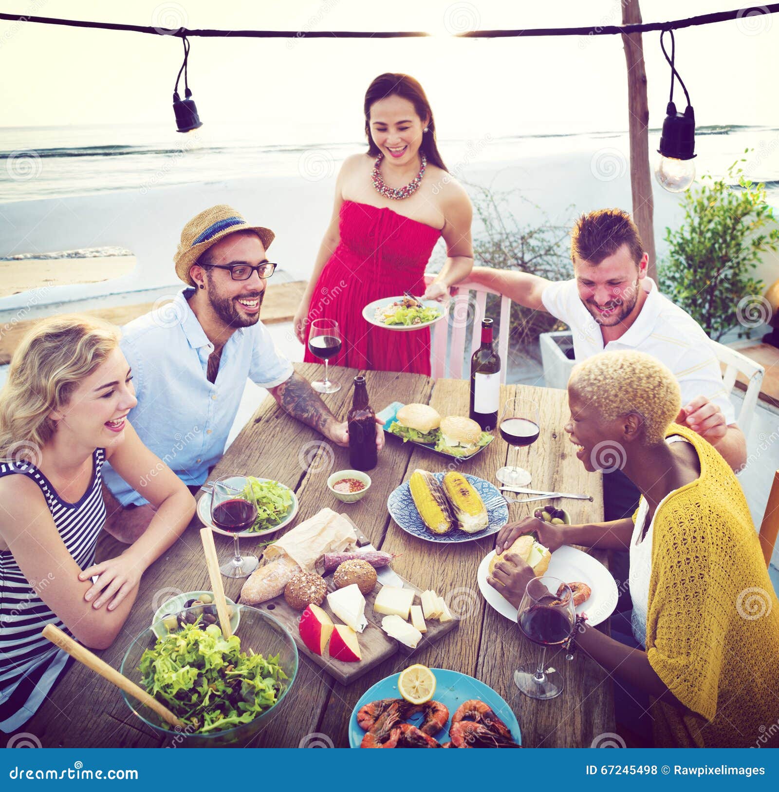 Diverse People Luncheon Beach Rooftop Food Concept Stock Photo - Image ...