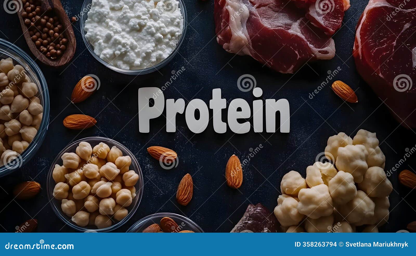 Diverse Protein Sources: Meat, Dairy, Nuts, and Legumes Displayed on ...