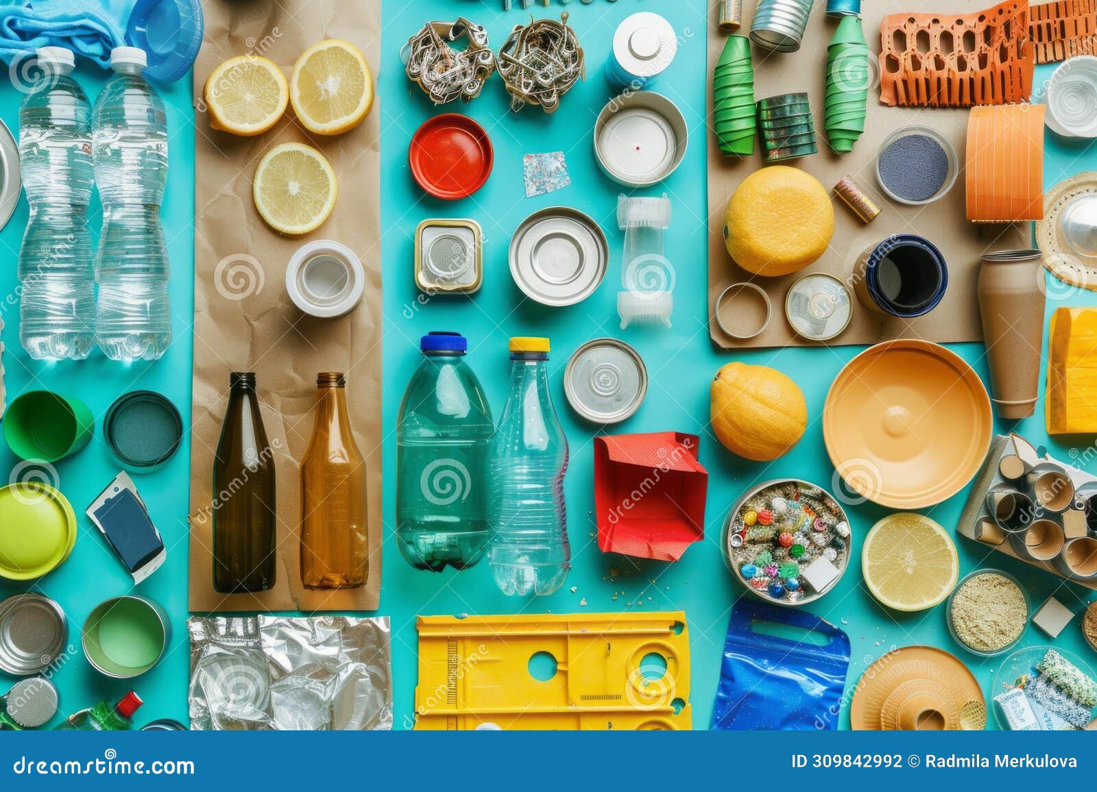 Diverse Recyclable Materials Arranged Creatively Promoting The Concept Of Reduce Reuse And