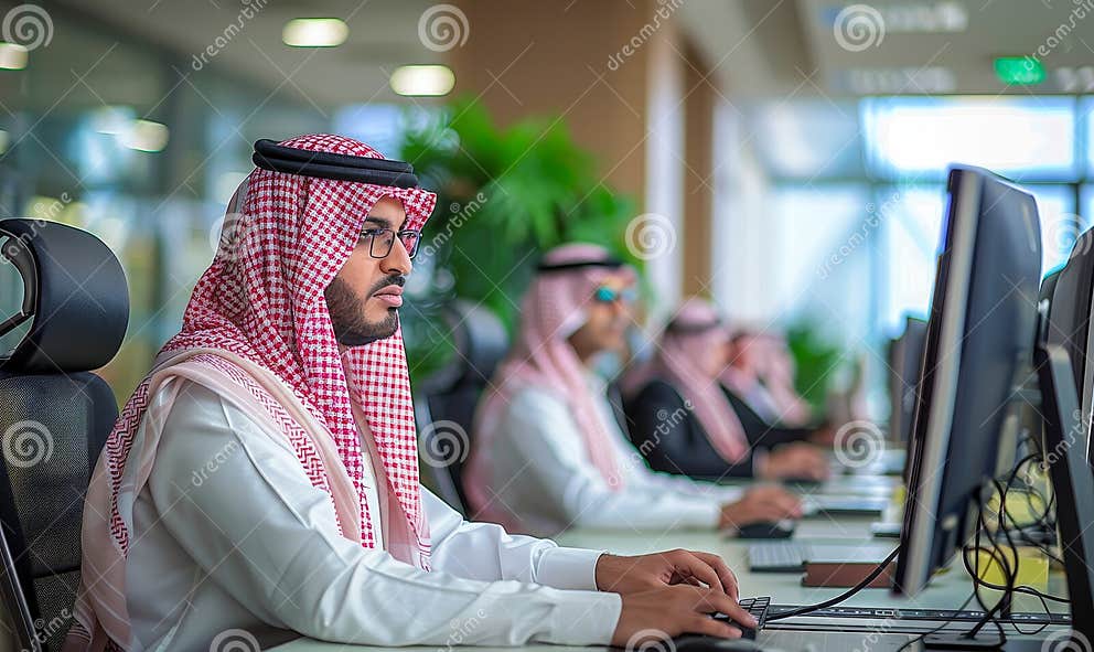 Diverse Saudi Professionals at Sleek Modern Office Workstations Elegant ...