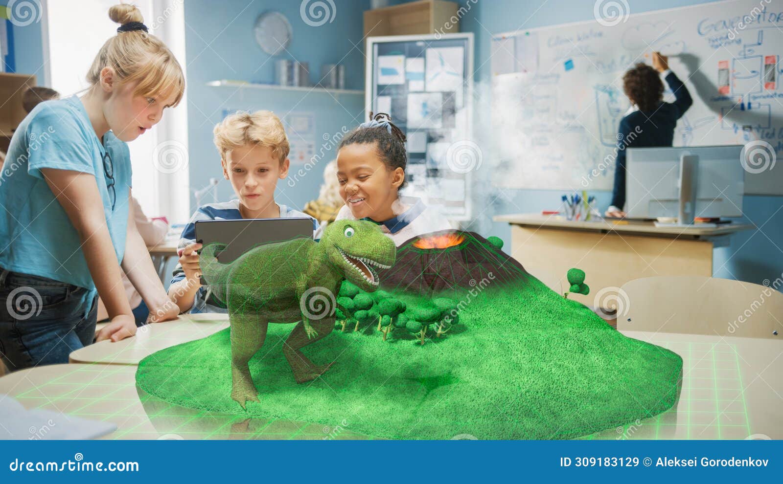 3 Diverse School Children Use Digital Tablet Computer with Augmented ...