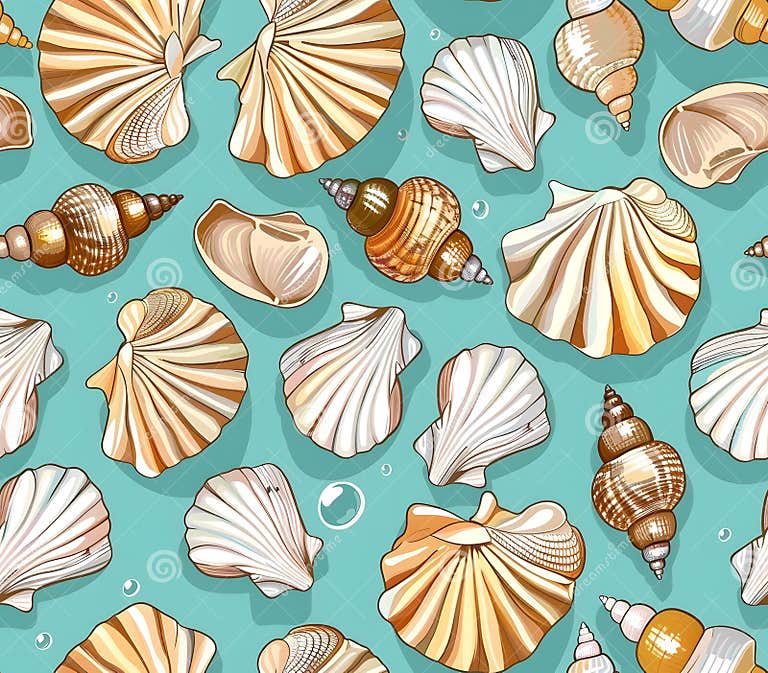 Seamless Pattern with Various Shells in Aqua Background Stock Photo ...