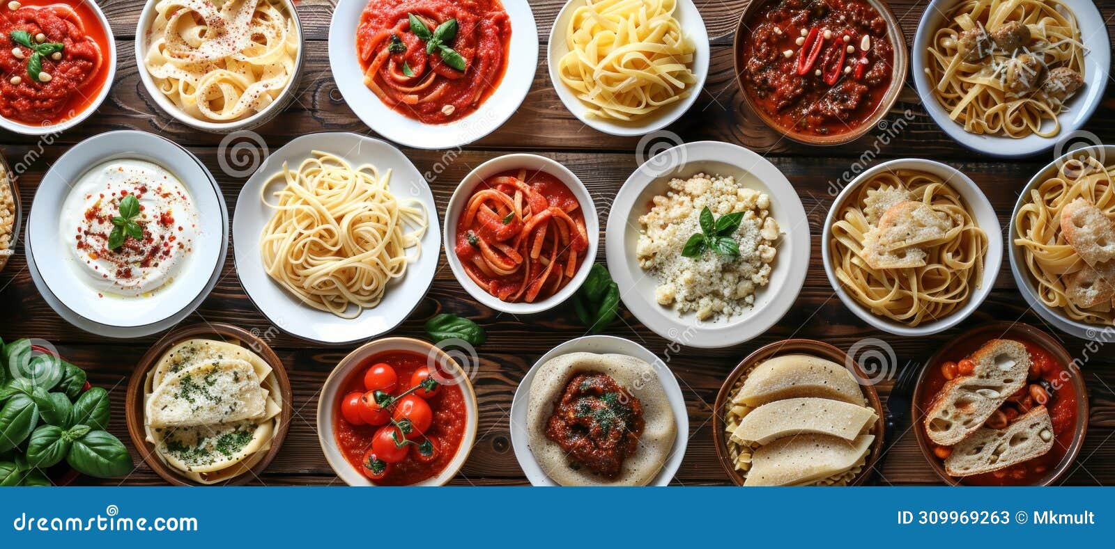 Assorted Pasta Spread on Table Stock Image - Image of cooking, food ...