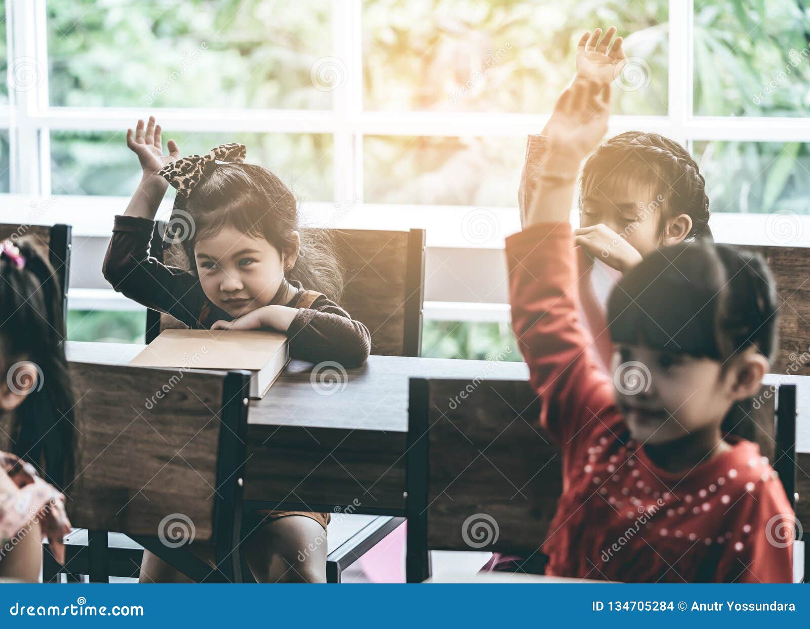 Students Hand Up for Question in Classroom Stock Photo - Image of girl ...