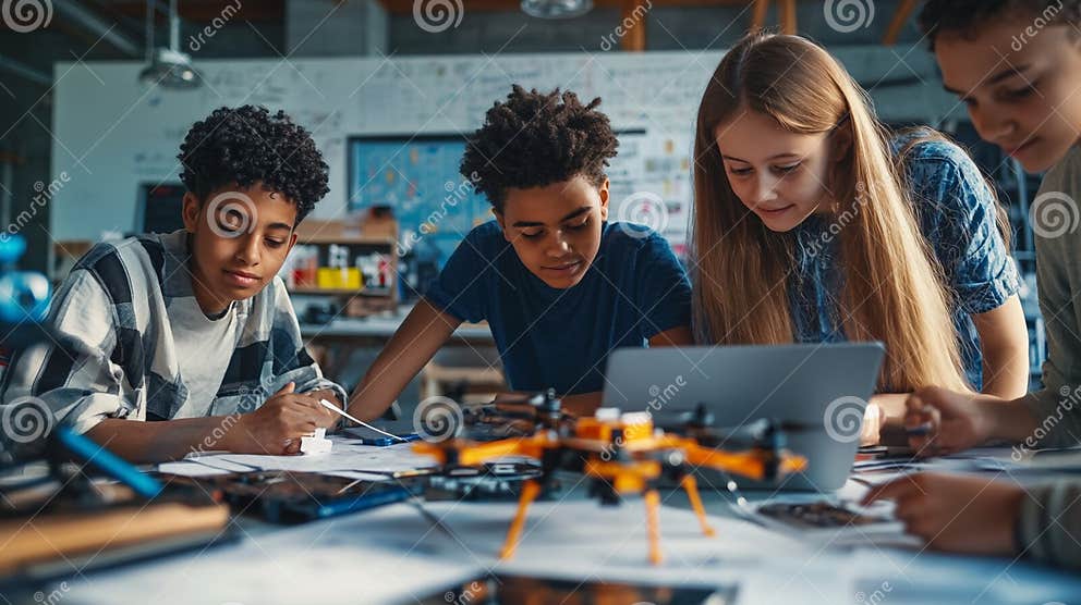 Diverse Students Teamwork Drone Technology STEM Education Classroom ...