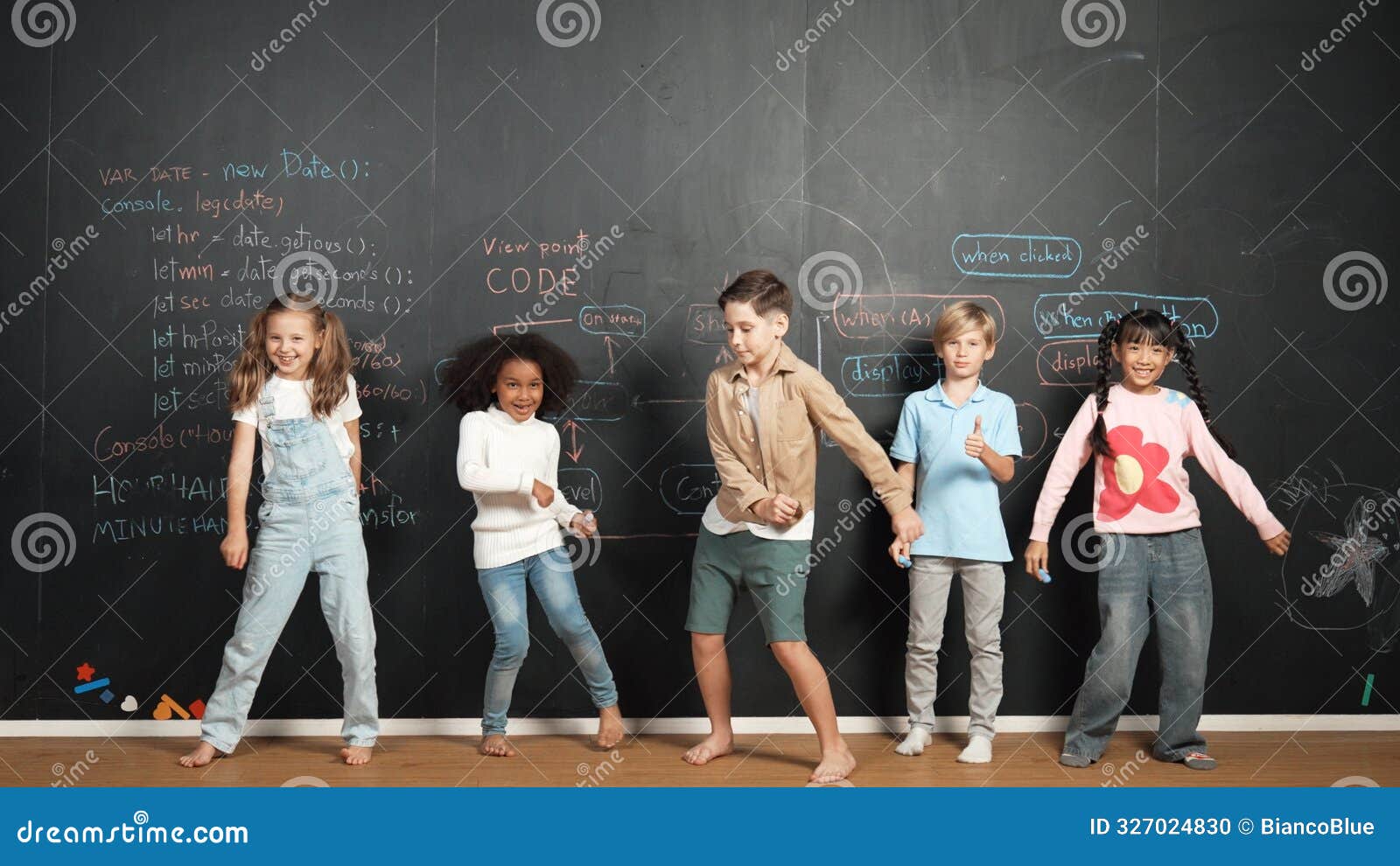 Diverse Students Turn Around and Dancing at Blackboard with Code ...